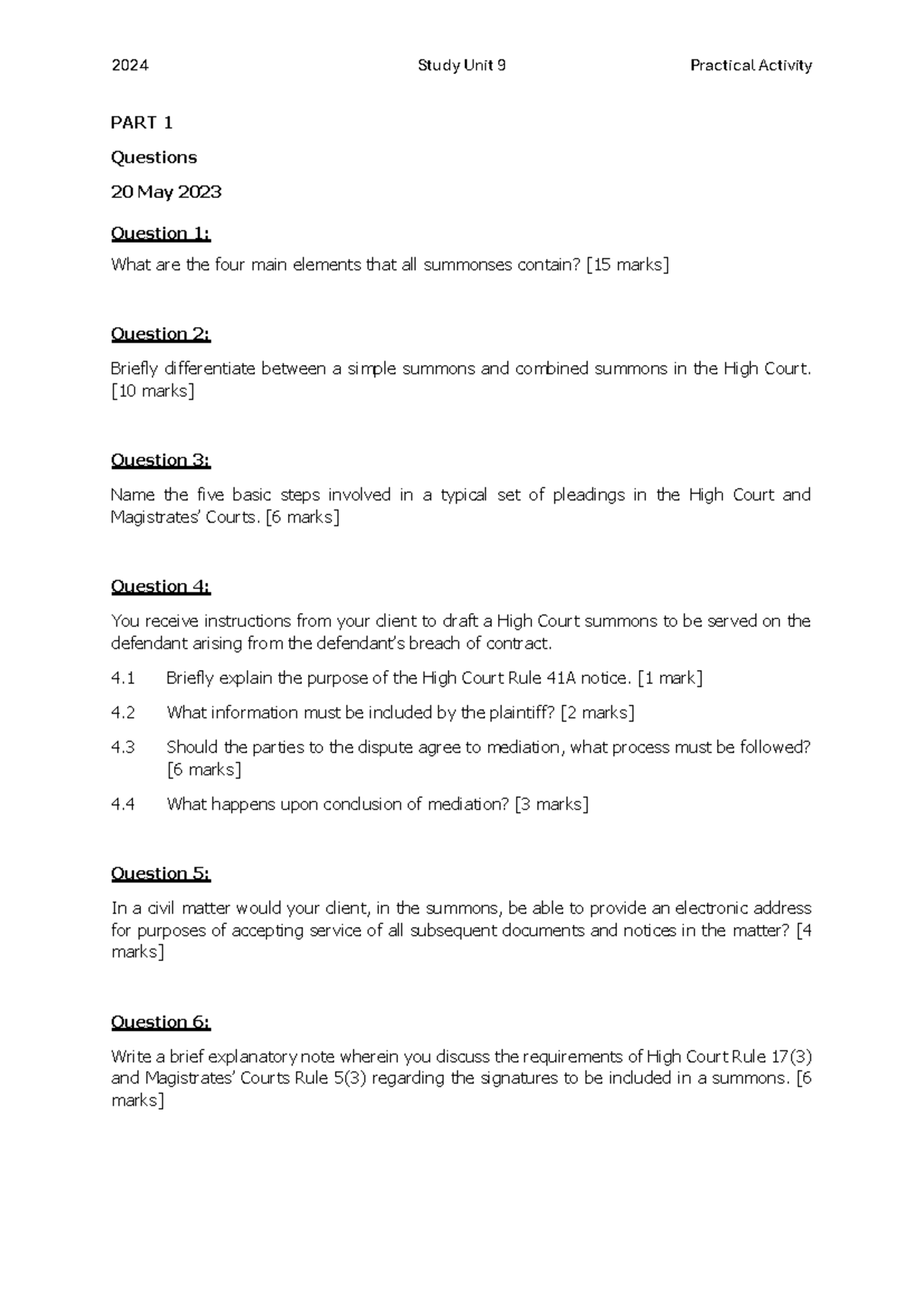 2024 - 2024 Study Unit 9 Practical Activity PART 1 Questions 20 May ...