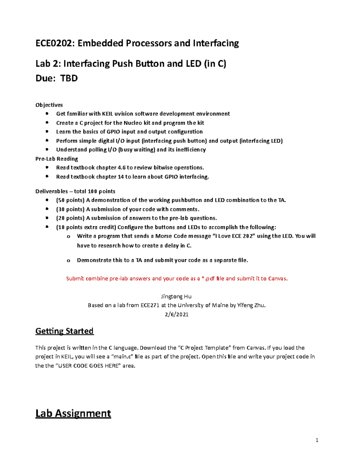 Lab 2 - lab2 - ECE0202: Embedded Processors and Interfacing Lab 2: Interfacing Push Button and ...