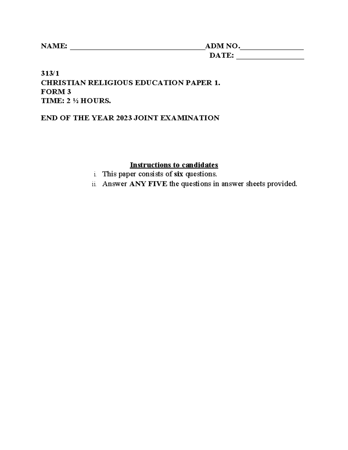 CRE PP1 QNS-1 - Revision quizes - NAME: __________________ADM NO. DATE