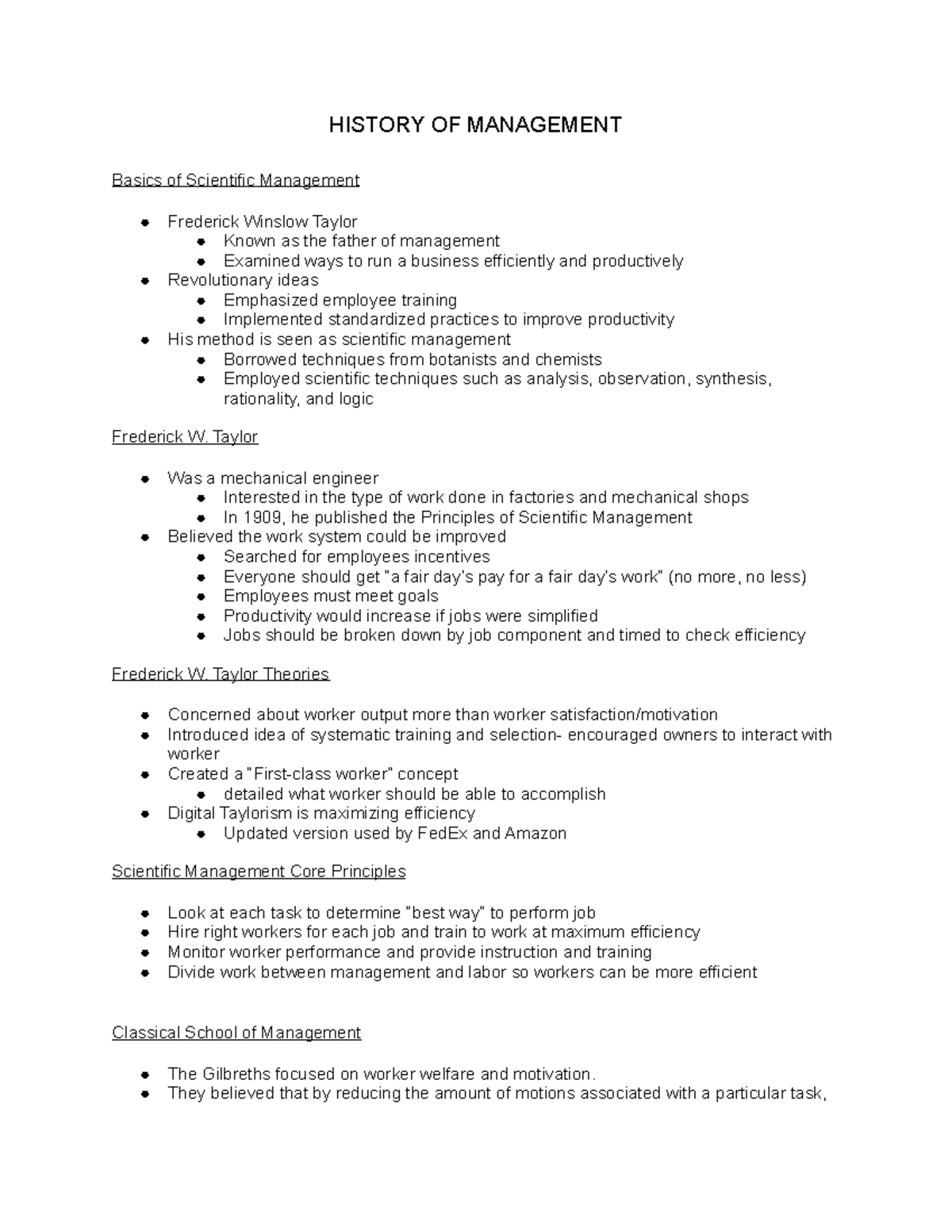 BUS 200 Notes History of Management Part 1 - HISTORY OF MANAGEMENT ...