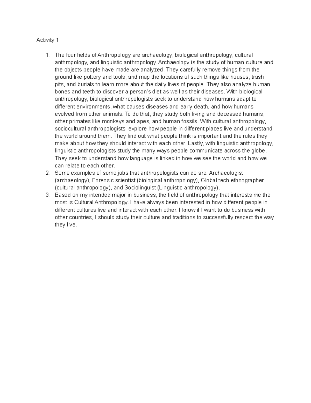 Activity 1 (Anthropology) - Activity 1 The four fields of Anthropology ...
