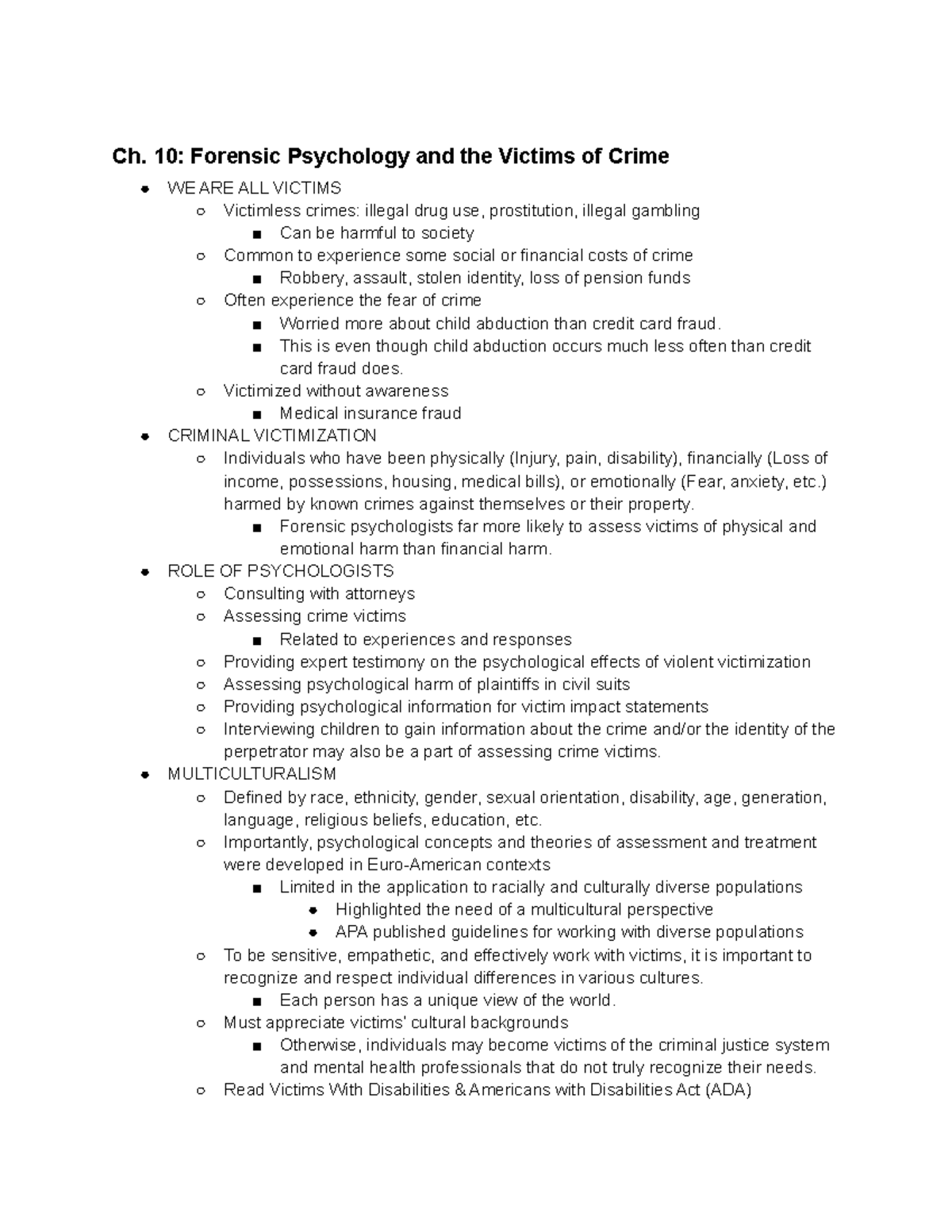 Ch. 10 - chapter 10 notes - Ch. 10: Forensic Psychology and the Victims ...