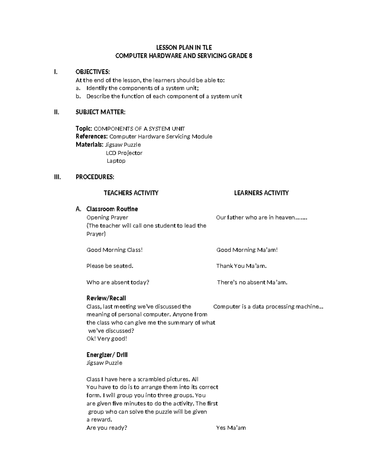 Lesson Plan In Tle Computer Hardware And Lesson Plan In Tle Computer Hardware And Servicing