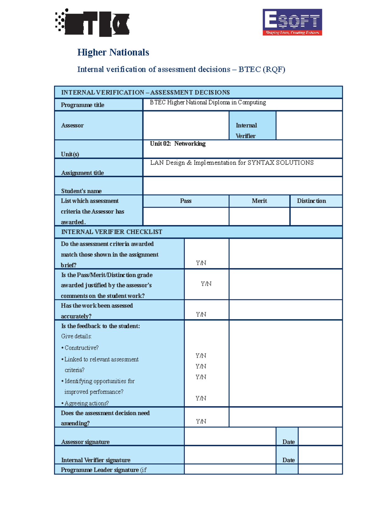 Assmnt ntwk - networking - Higher Nationals Internal verification of ...
