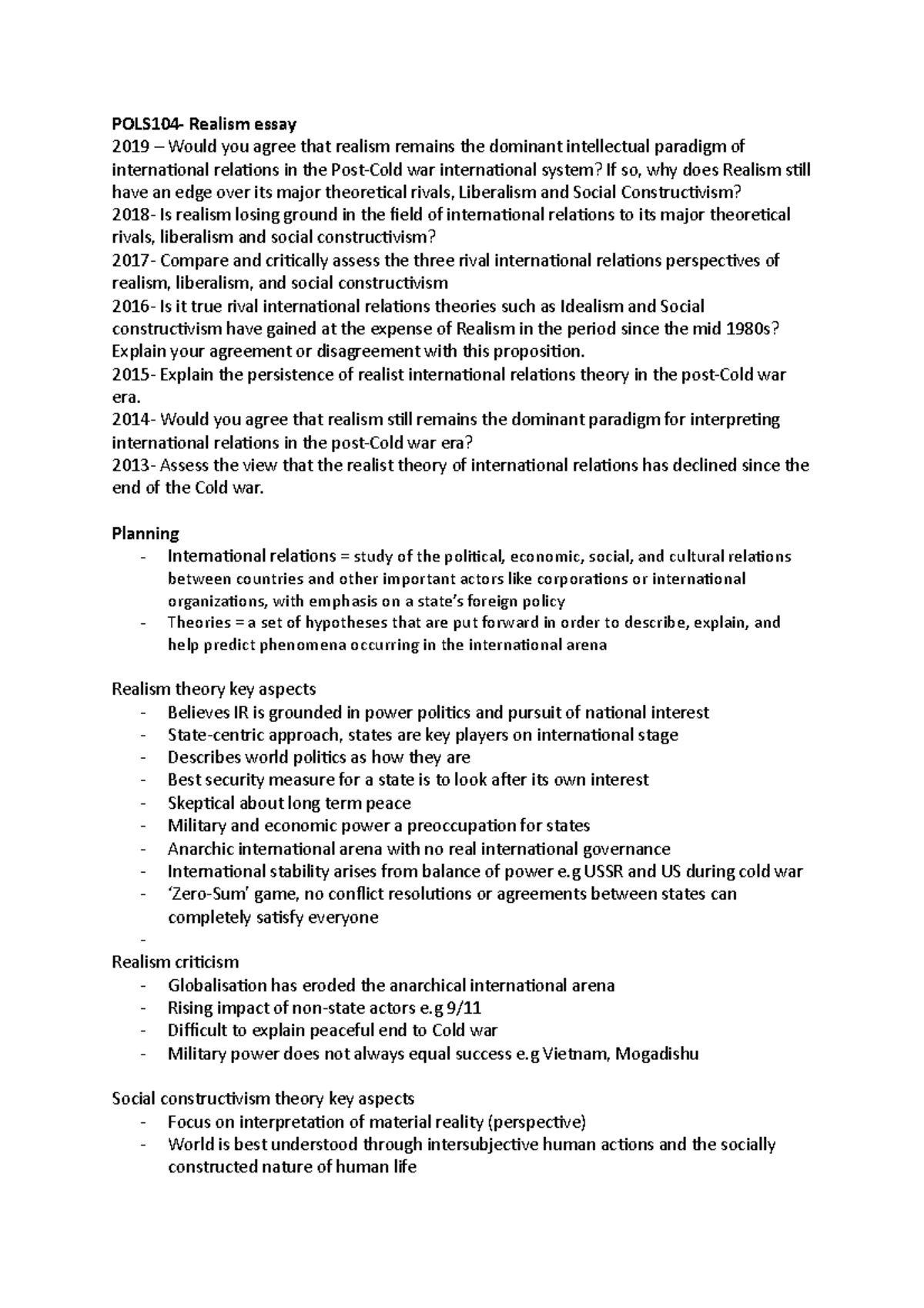 POLS104 Realism essay planning - POLS104- Realism essay 2019 – Would ...