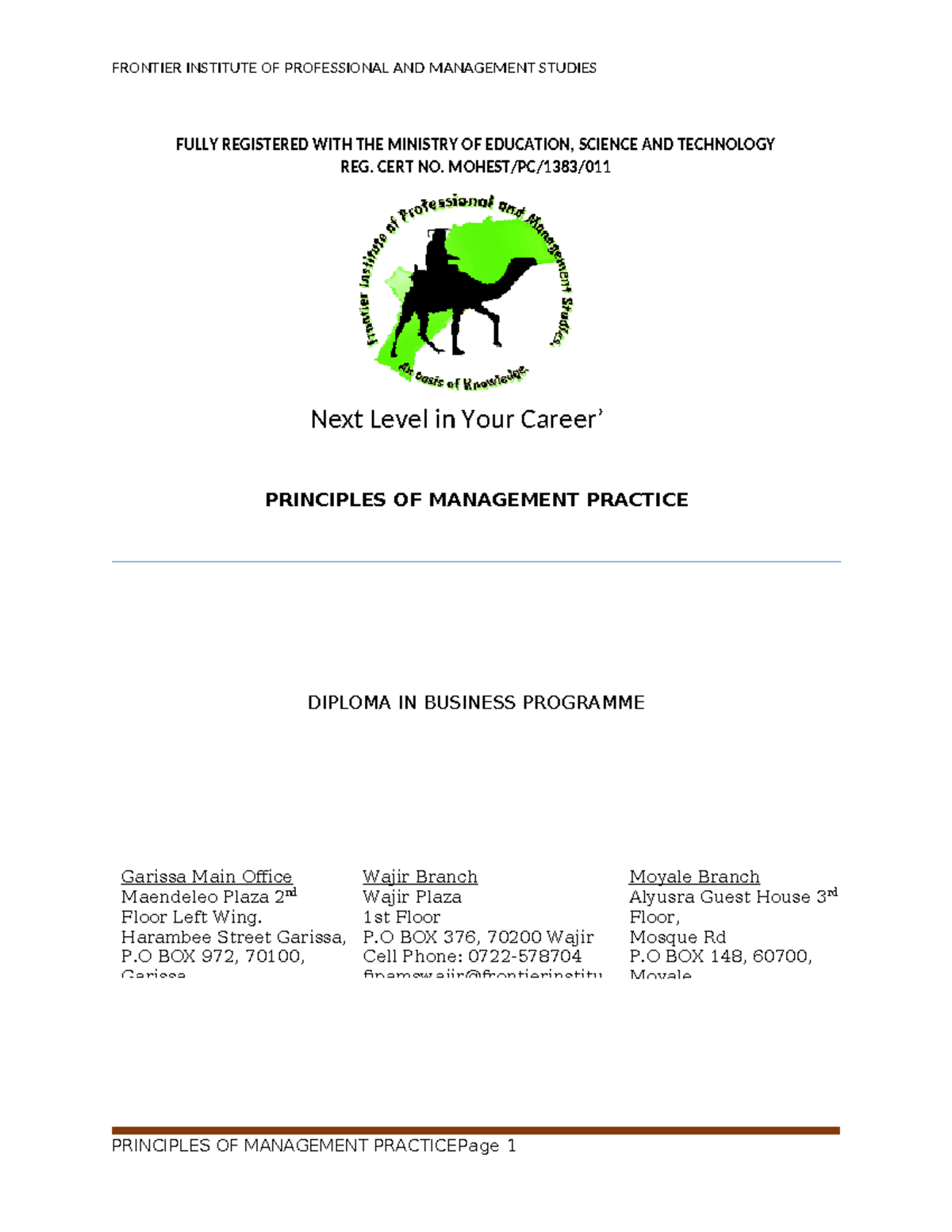 DBM 1102 Principles OF Management - FULLY REGISTERED WITH THE MINISTRY OF EDUCATION, SCIENCE AND ...