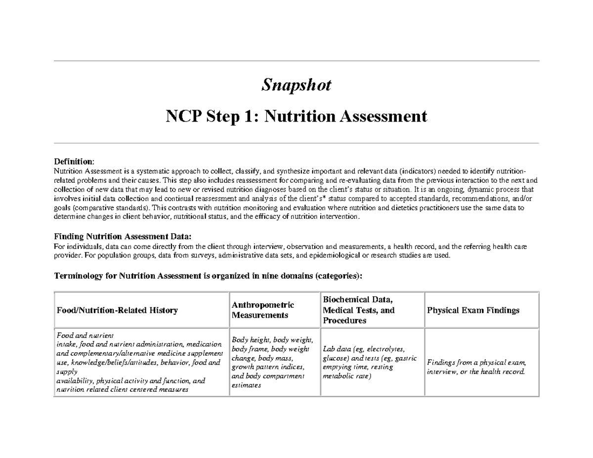 Category 1edited 2022AGedit 11 - Snapshot NCP Step 1: Nutrition ...