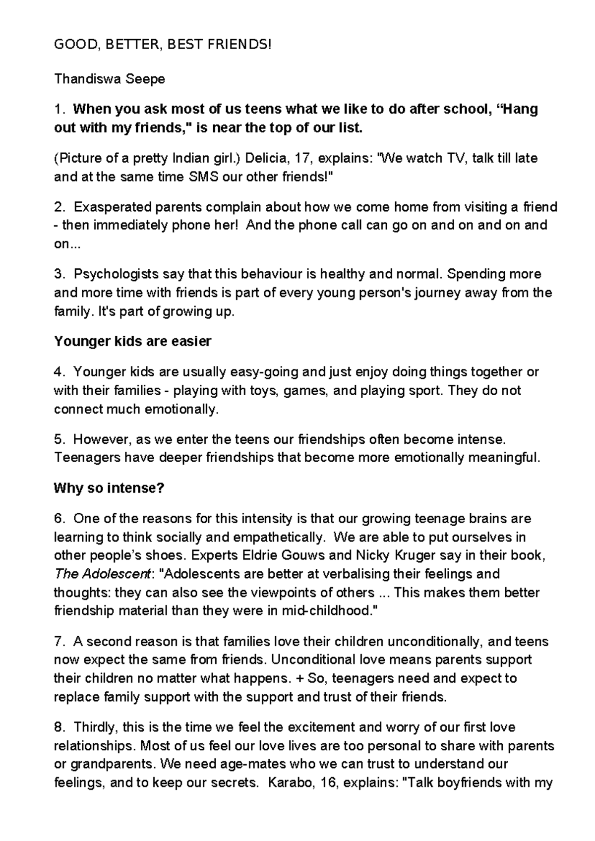 Friendship article - GOOD, BETTER, BEST FRIENDS! Thandiswa Seepe When ...