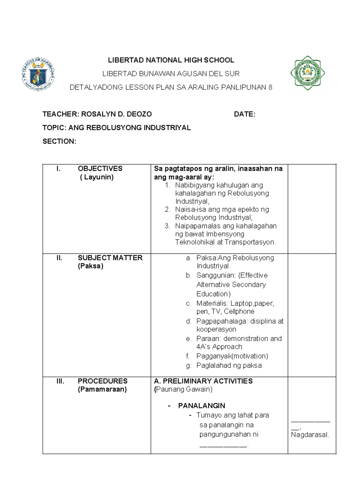 DLP AP 8- Rebolusyong- Industriyal - LIBERTAD NATIONAL HIGH SCHOOL ...