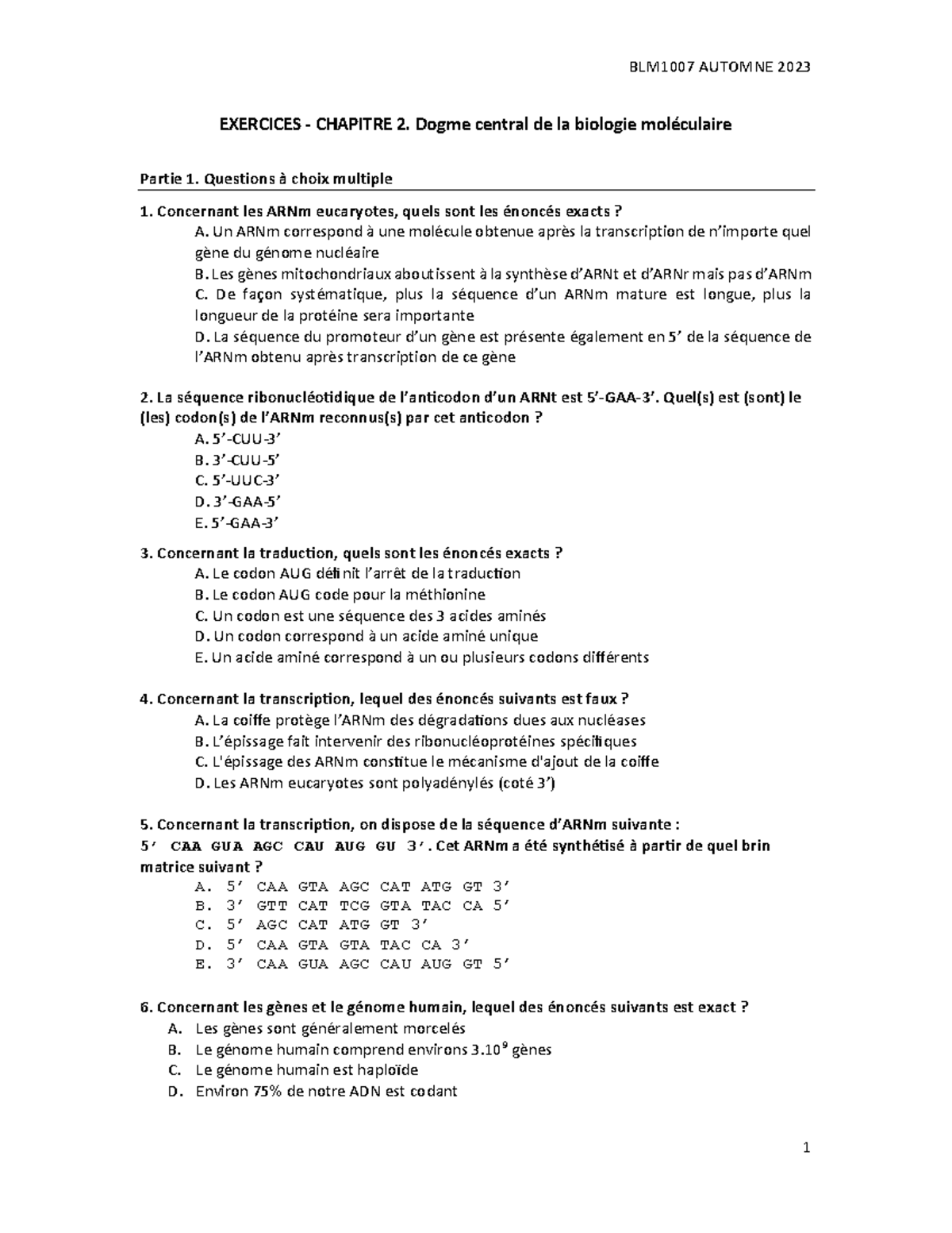 Chapitre 2 - Dogme central Exercices - EXERCICES - CHAPITRE 2. Dogme ...