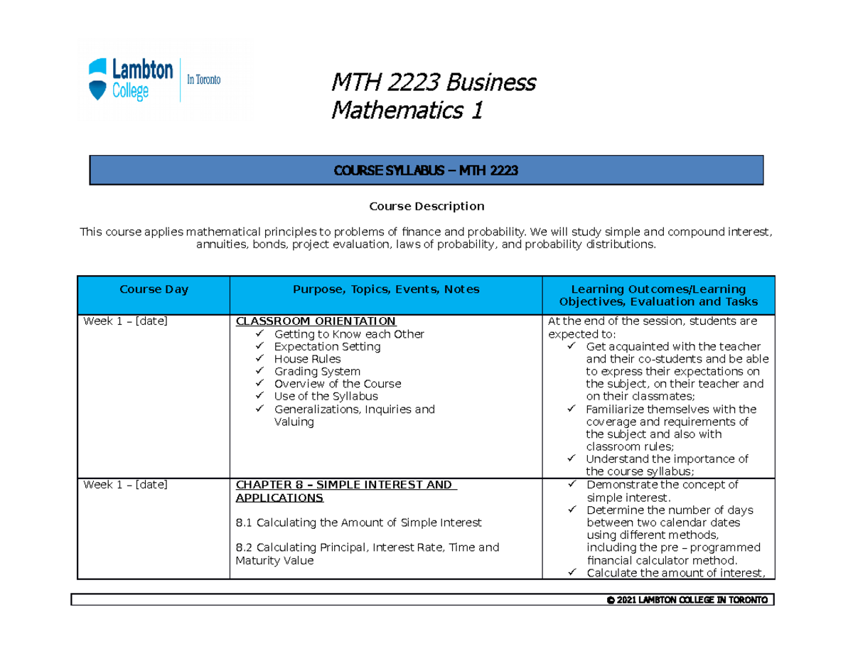 MTH Business Mathematics 1 Course Syllabus - Studocu