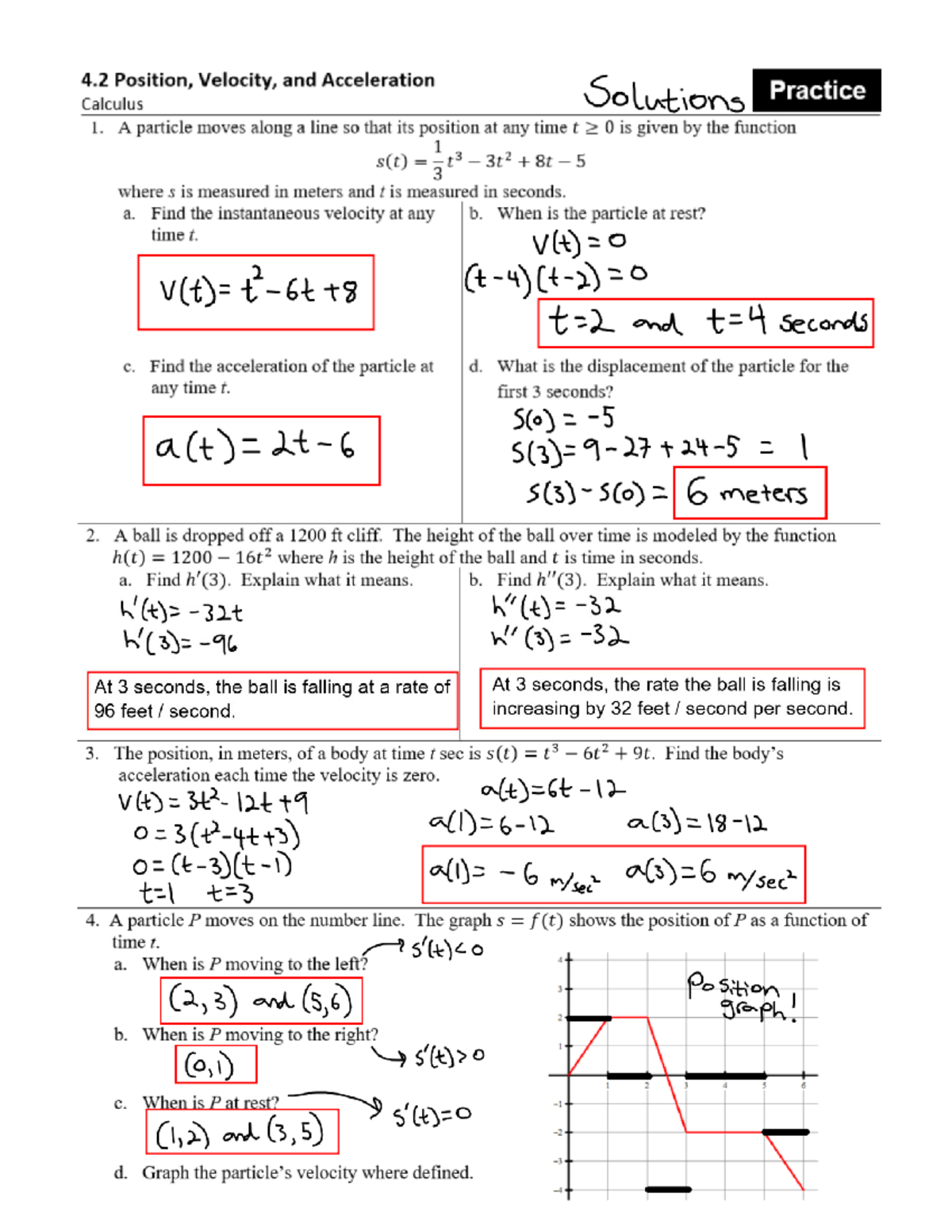 Calc 4 - donno - 4 Position, Velocity, and Acceleration Solutions Practice Calculus 1. A ...