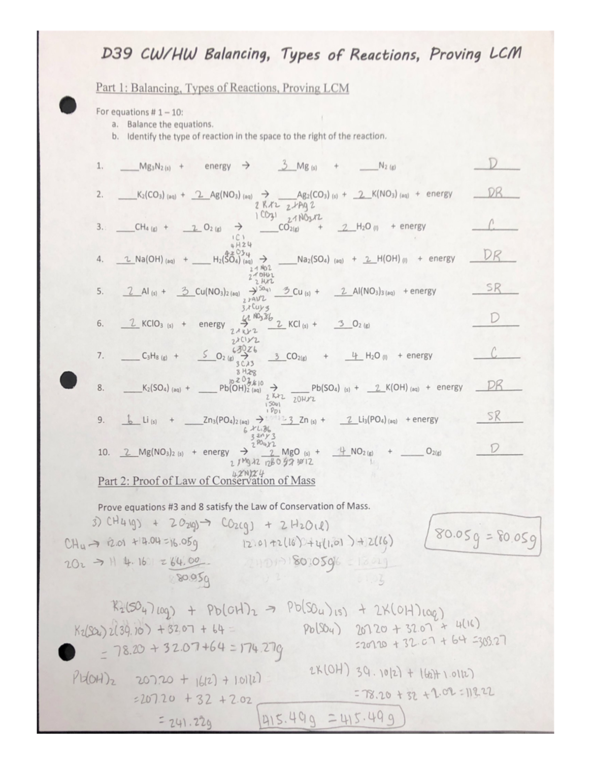 D39 cw Hw Balancing, Types of Reactions, Proving LCM - CHEM 101 - Studocu