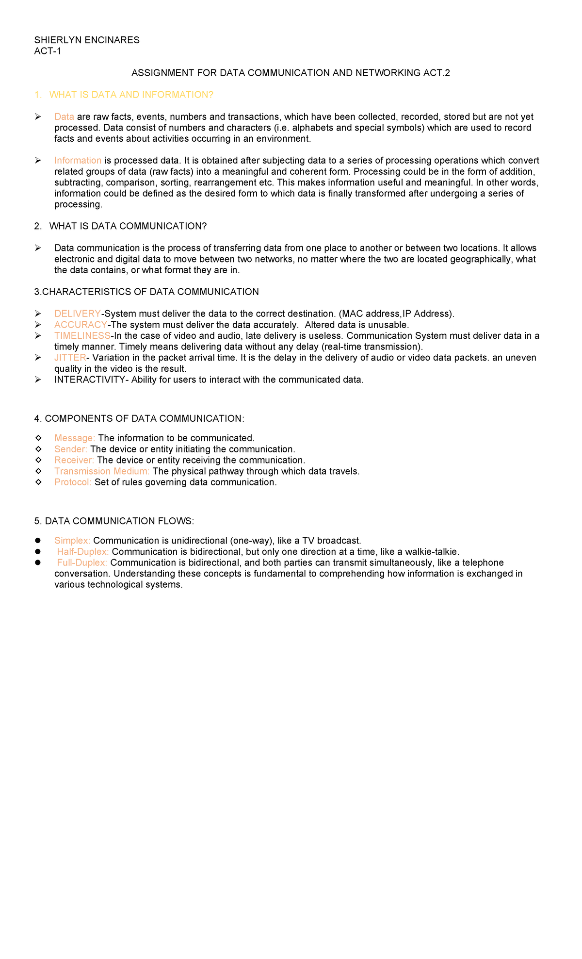Data comm assignment - SHIERLYN ENCINARES ACT- ASSIGNMENT FOR DATA COMMUNICATION AND NETWORKING ...