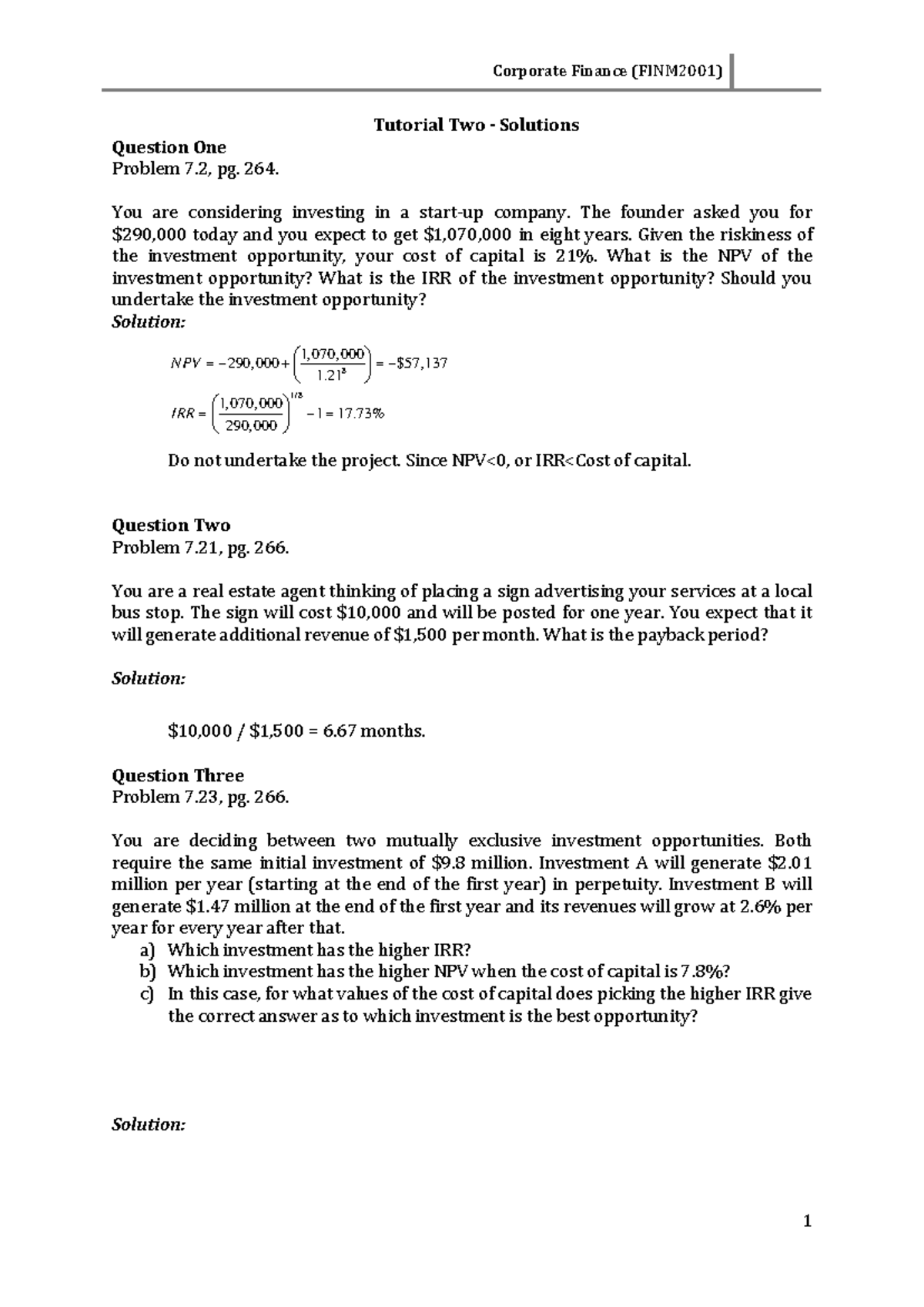 TQ2A- Project evaluation principle - Corporate Finance (FINM 2001 ) 1 ...