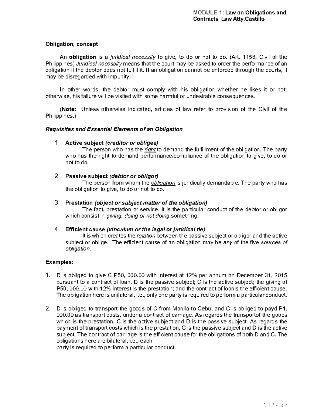 Module 1 Law On Obligations And Contracts 1 Module 1 Law On Obligations And Contracts Law