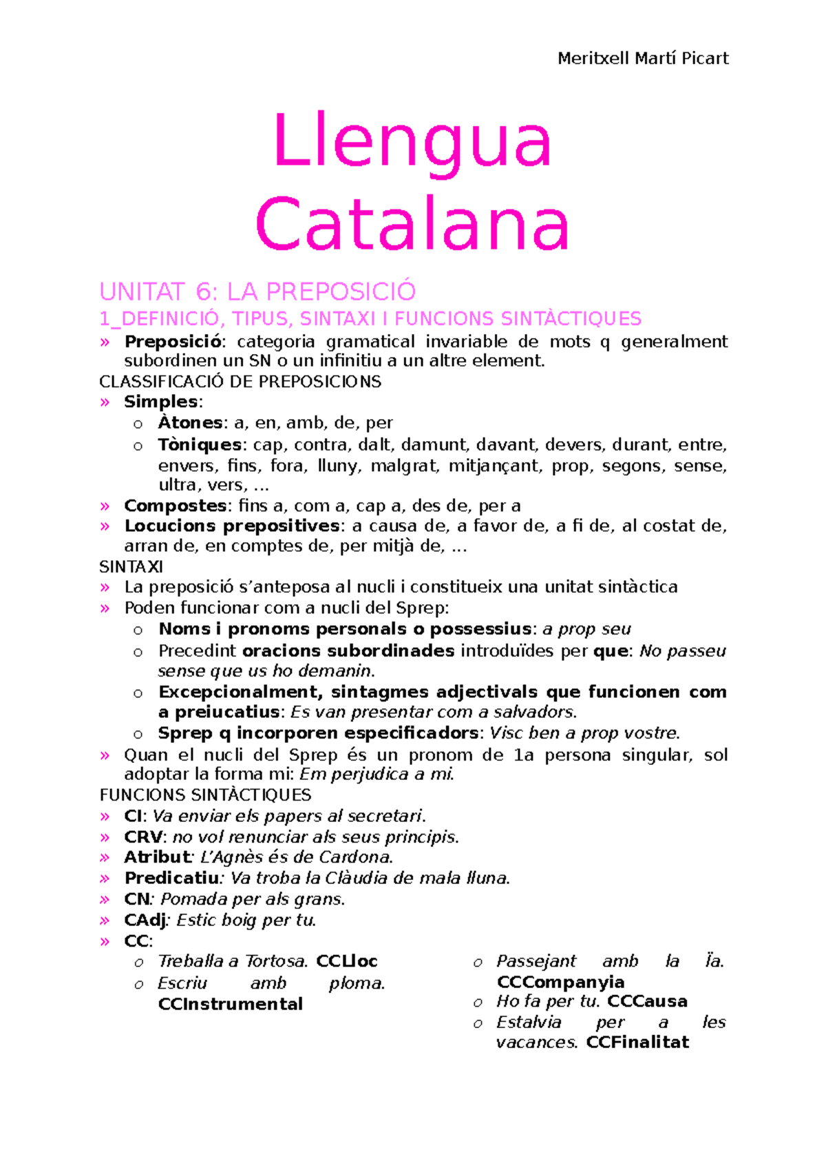 Apunts Preposicions Llengua Catalana 2n Batxillerat - Llengua Catalana ...