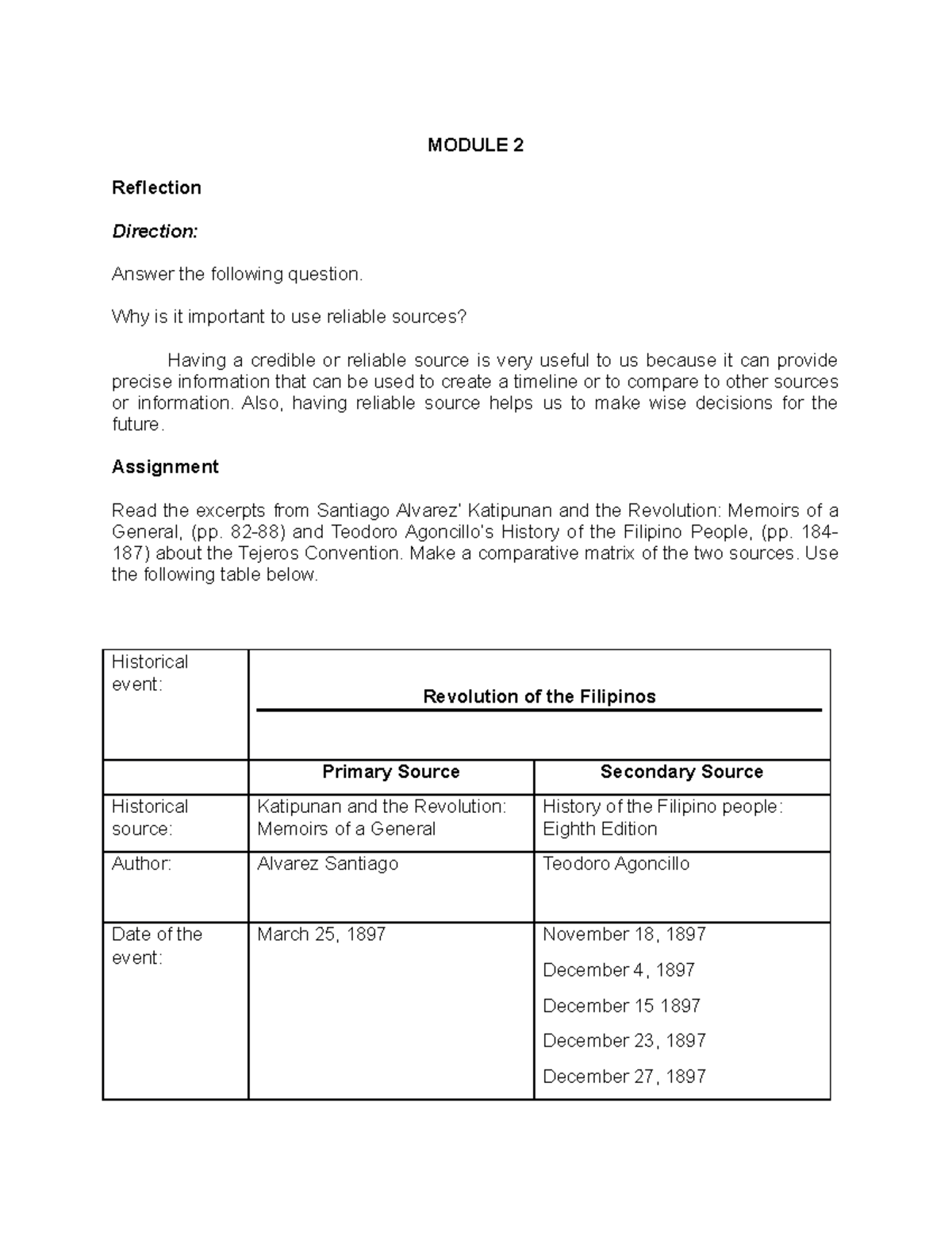 Revolution of the Filipinos - MODULE 2 Reflection Direction: Answer the ...