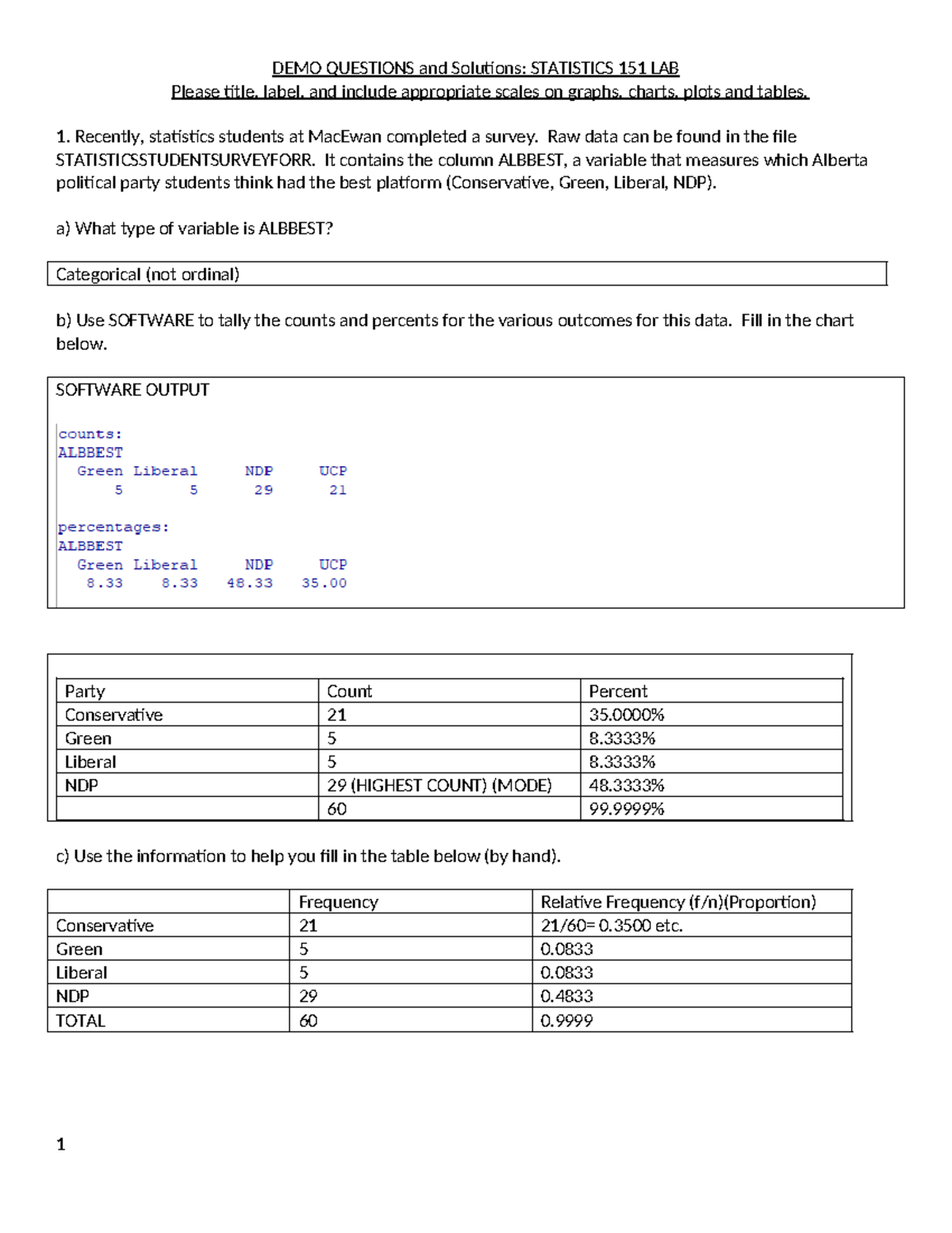Demo Questions and Solutions V63 - DEMO QUESTIONS and Solutions: STATISTICS 151 LAB Please title ...