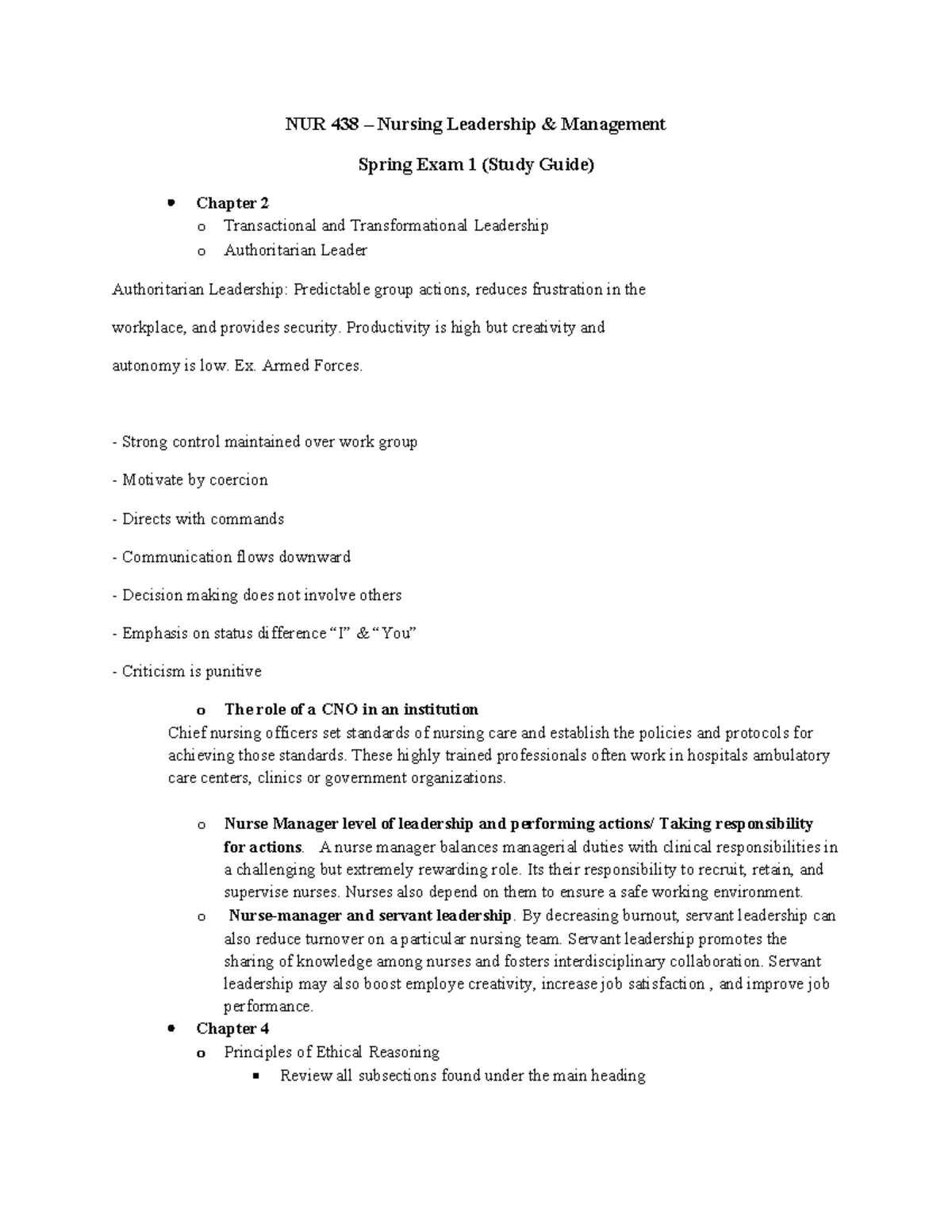 NUR 438 Exam 1 -Study Guide - NUR 438 – Nursing Leadership & Management ...