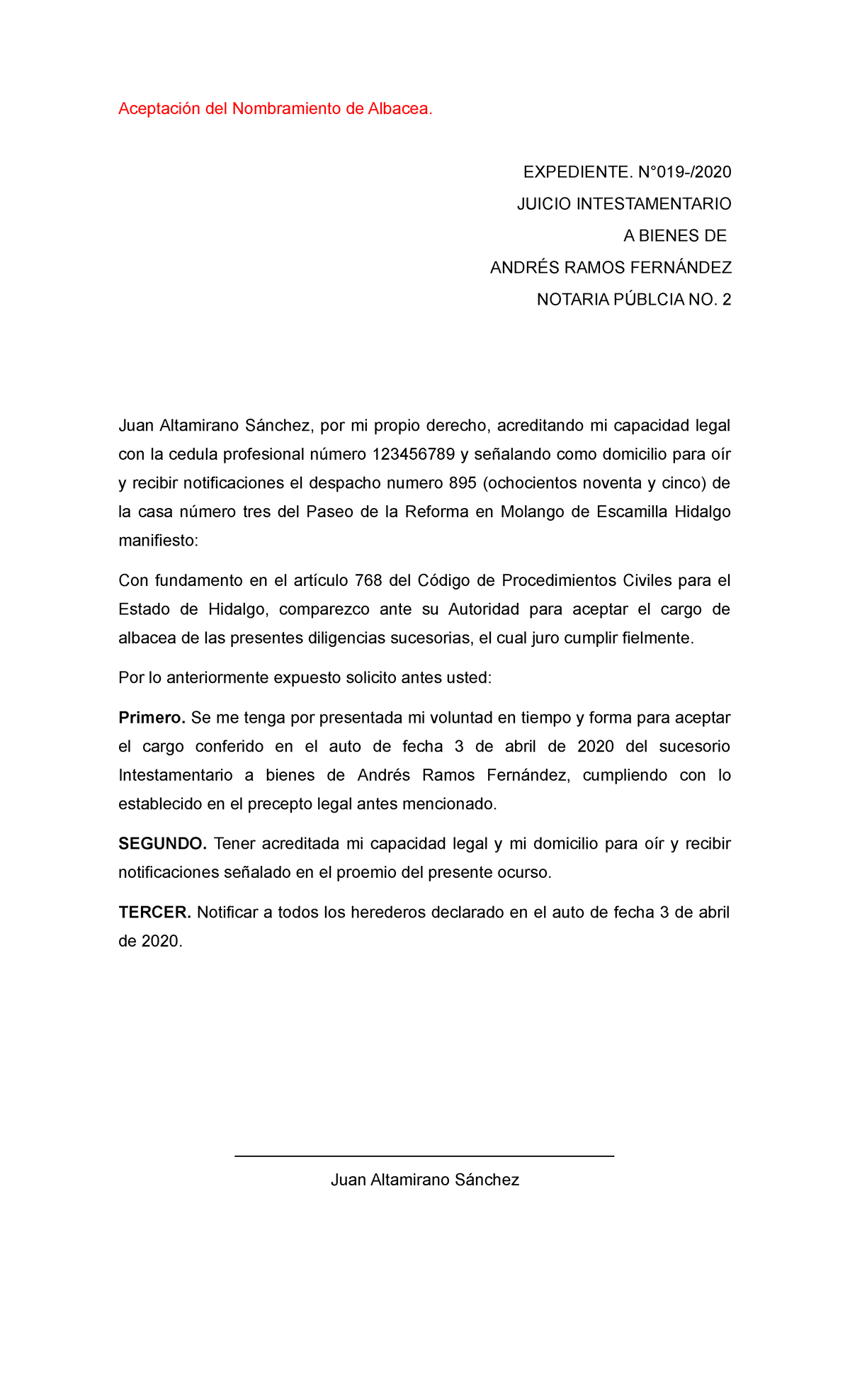 Declaracion de Herederos - Aceptación del Nombramiento de Albacea ...