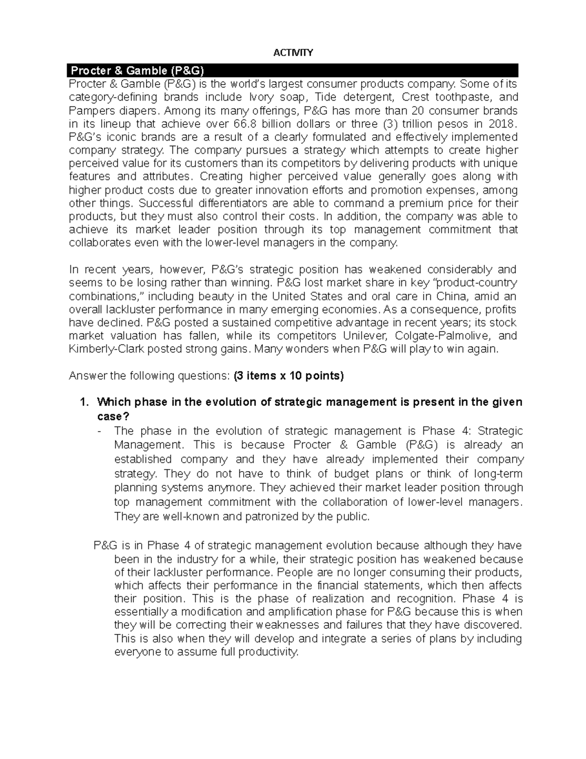 01 Activity 1 Protor and Gamble by Montemayor - ACTIVITY Procter & Gamble (P&G) Procter - Studocu