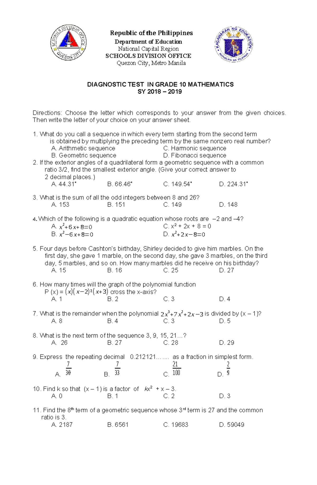 383638605 Math 10 Diagnostic Test 2018 2019 - Republic of the ...
