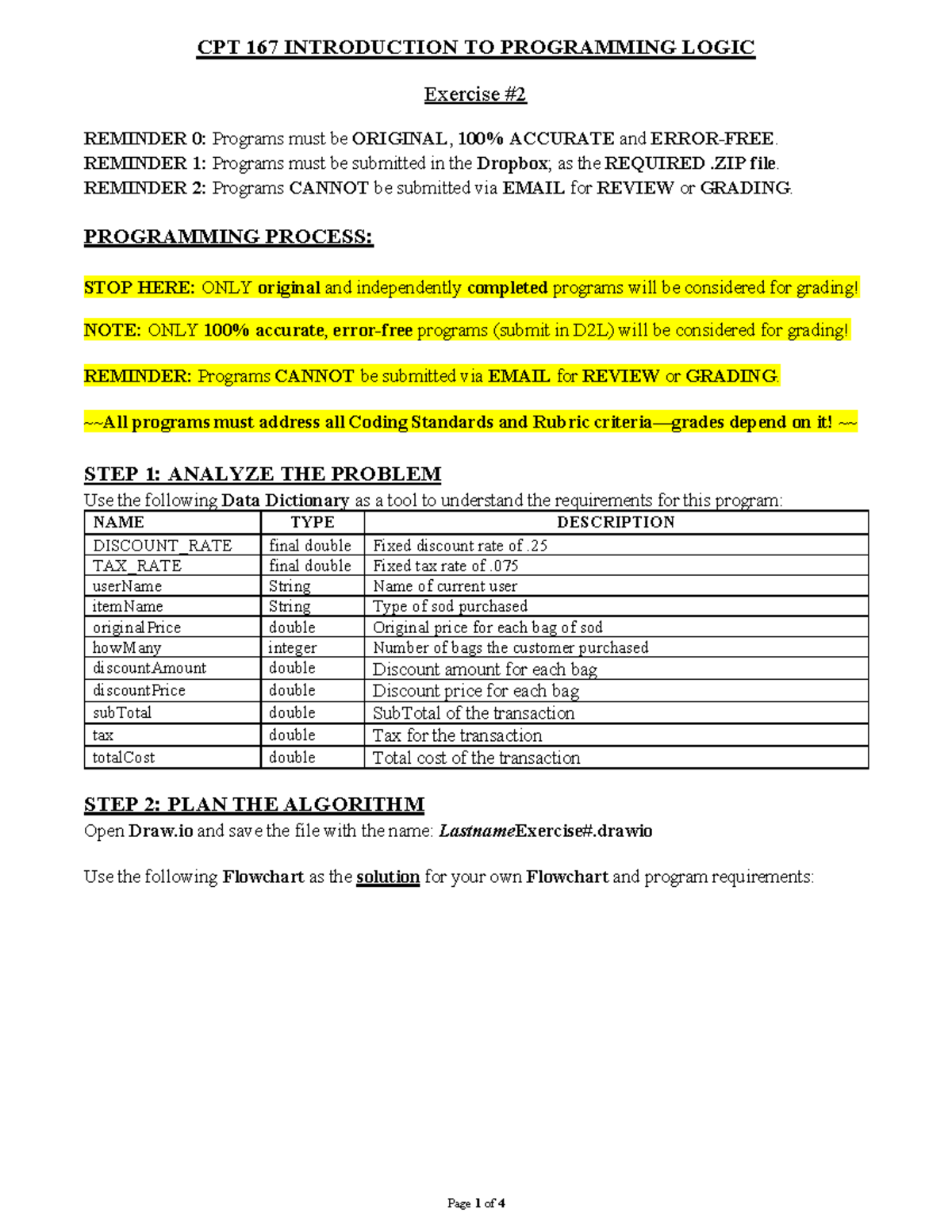 CPT167Exercise 2 - Exercise 2 - CPT 167 INTRODUCTION TO PROGRAMMING ...