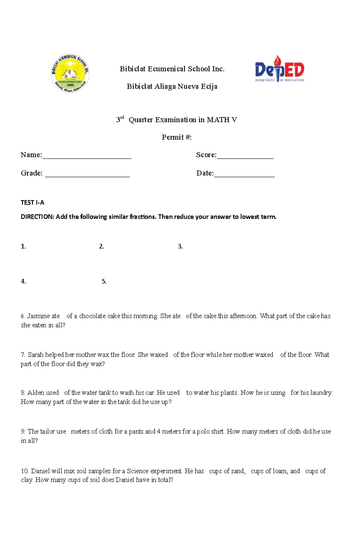Mathematics 5 - exam - Bibiclat Ecumenical School Inc. Bibiclat Aliaga ...