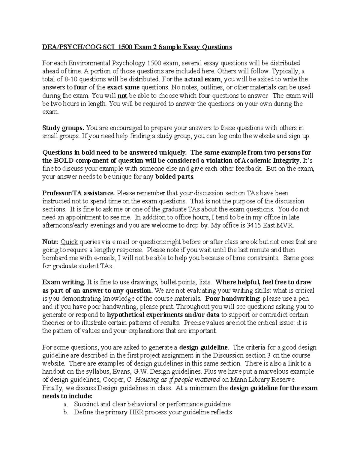 Prelim 2 - DEA/PSYCH/COG SCI 1500 Exam 2 Sample Essay Questions For ...