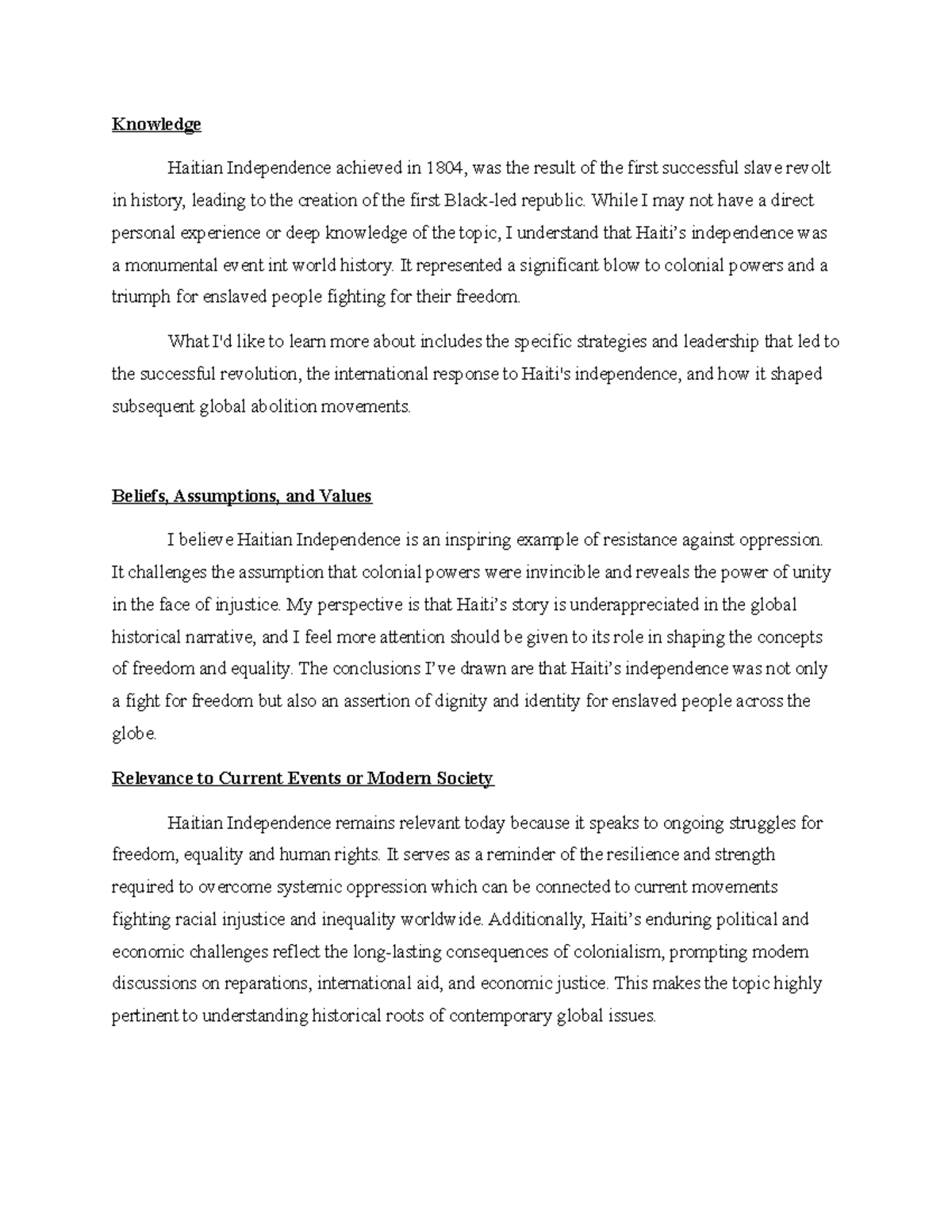 1-2 Activity - 1-2 Assignment - Knowledge Haitian Independence achieved ...