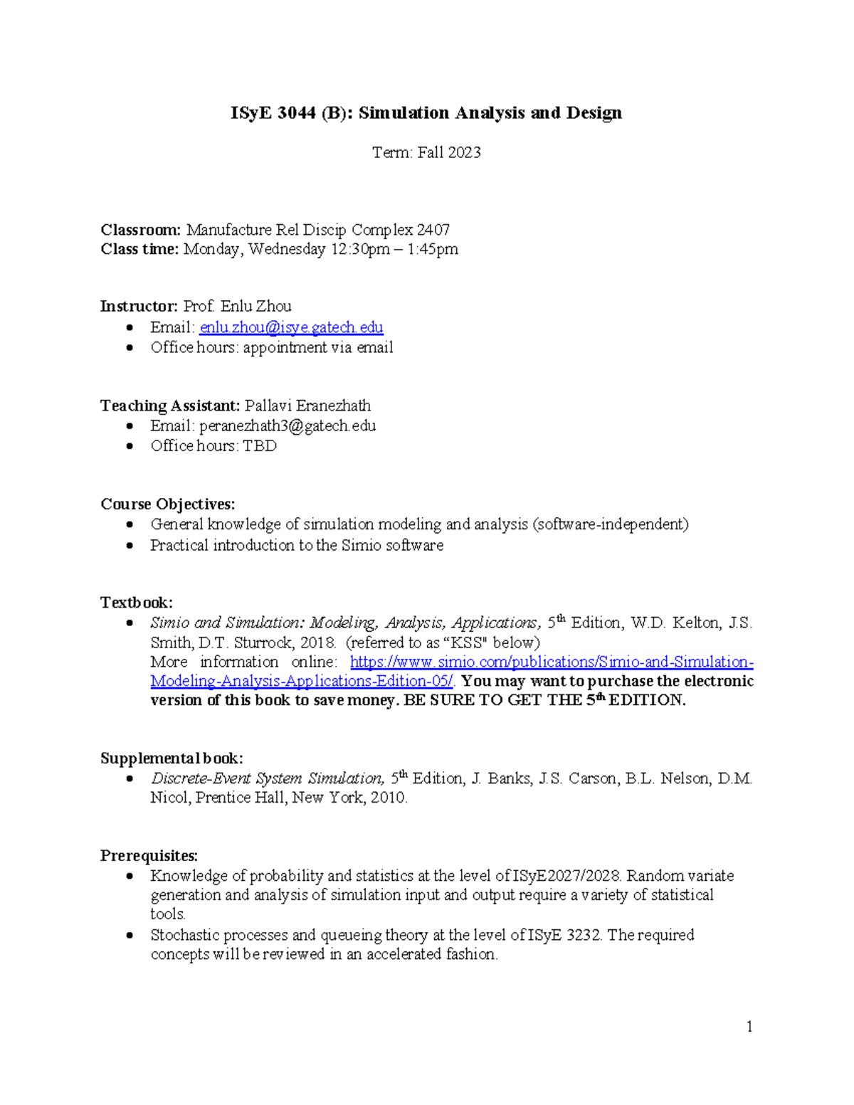 ISYE 3044 Syllabus - ISyE 3044 (B): Simulation Analysis and Design Term ...