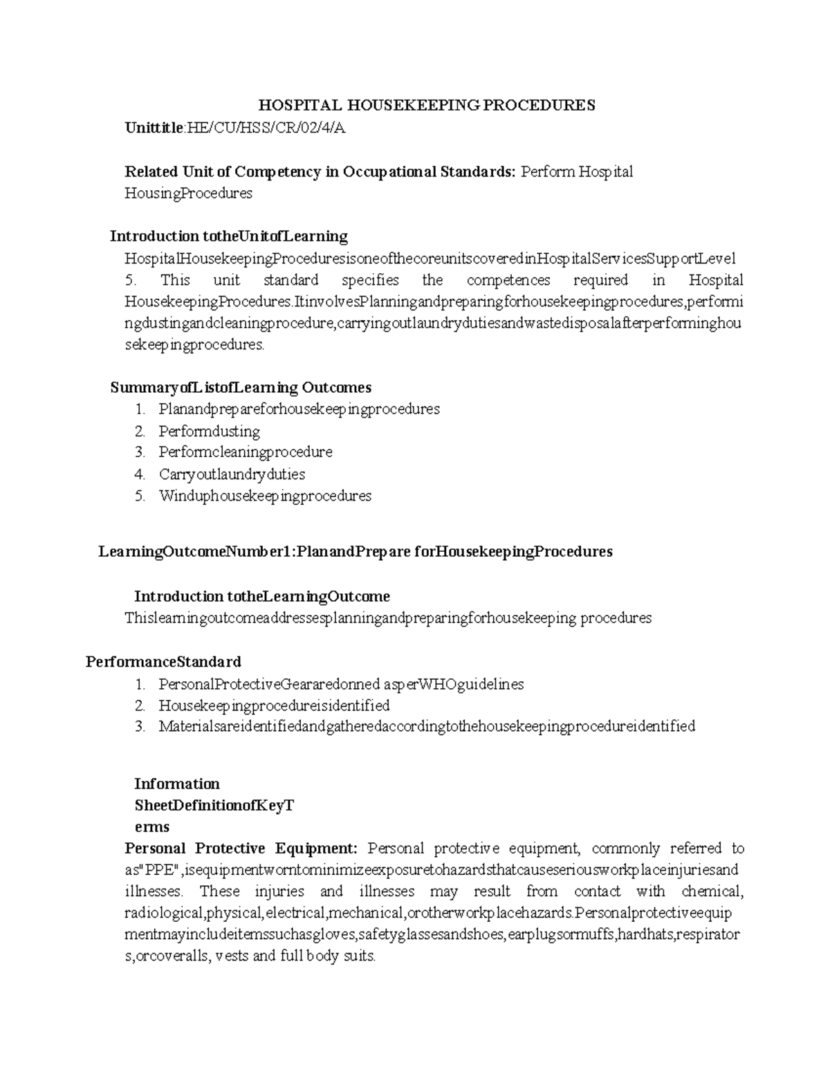 Hospital Housekeeping Procedures - HOSPITAL HOUSEKEEPING PROCEDURES ...