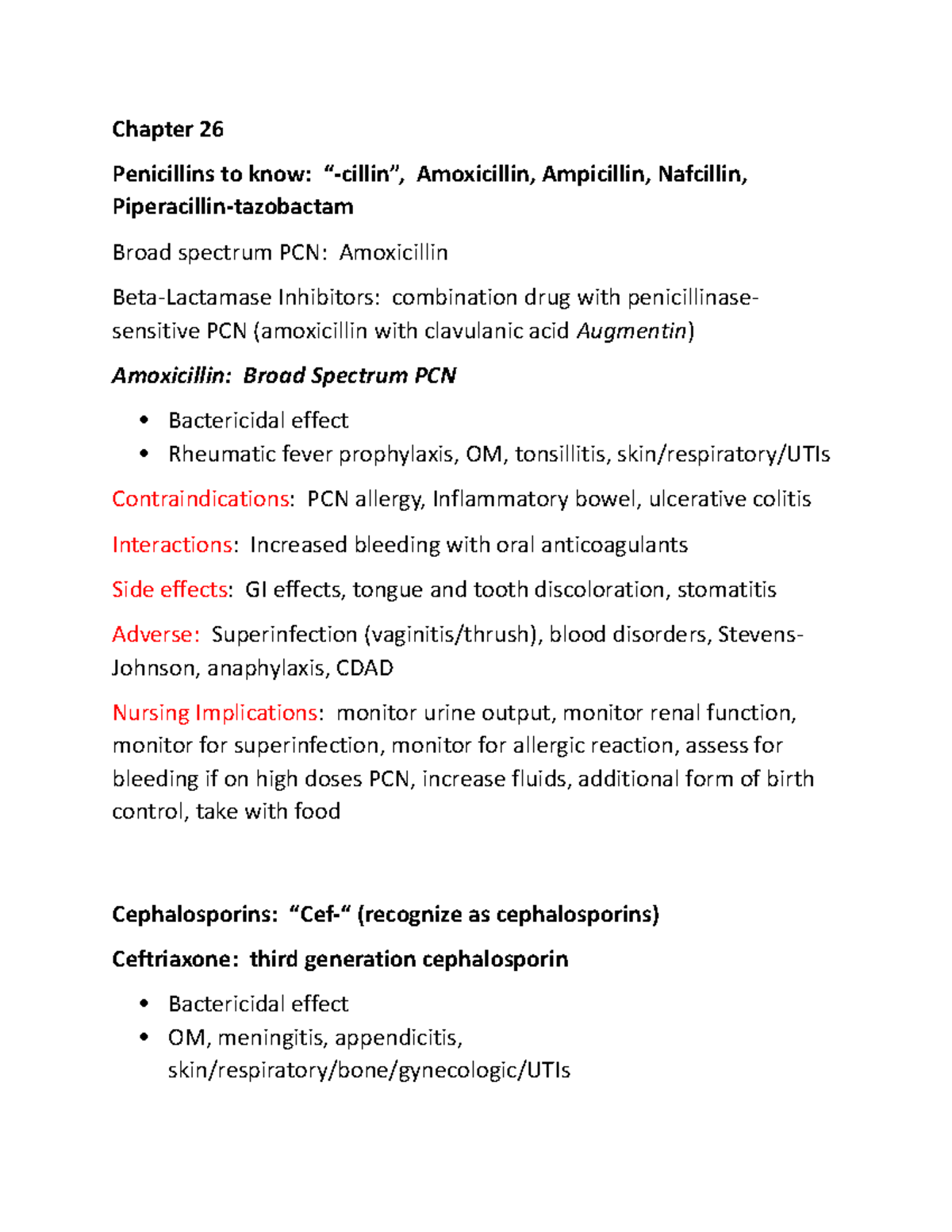 Drug cards Chapter 26-31, 51 - Chapter 26 Penicillins to know: “-cillin ...