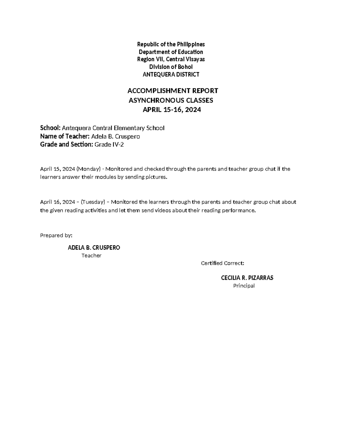 Accomplishment Report Asynchronous Classes April 15 16 - Republic of ...