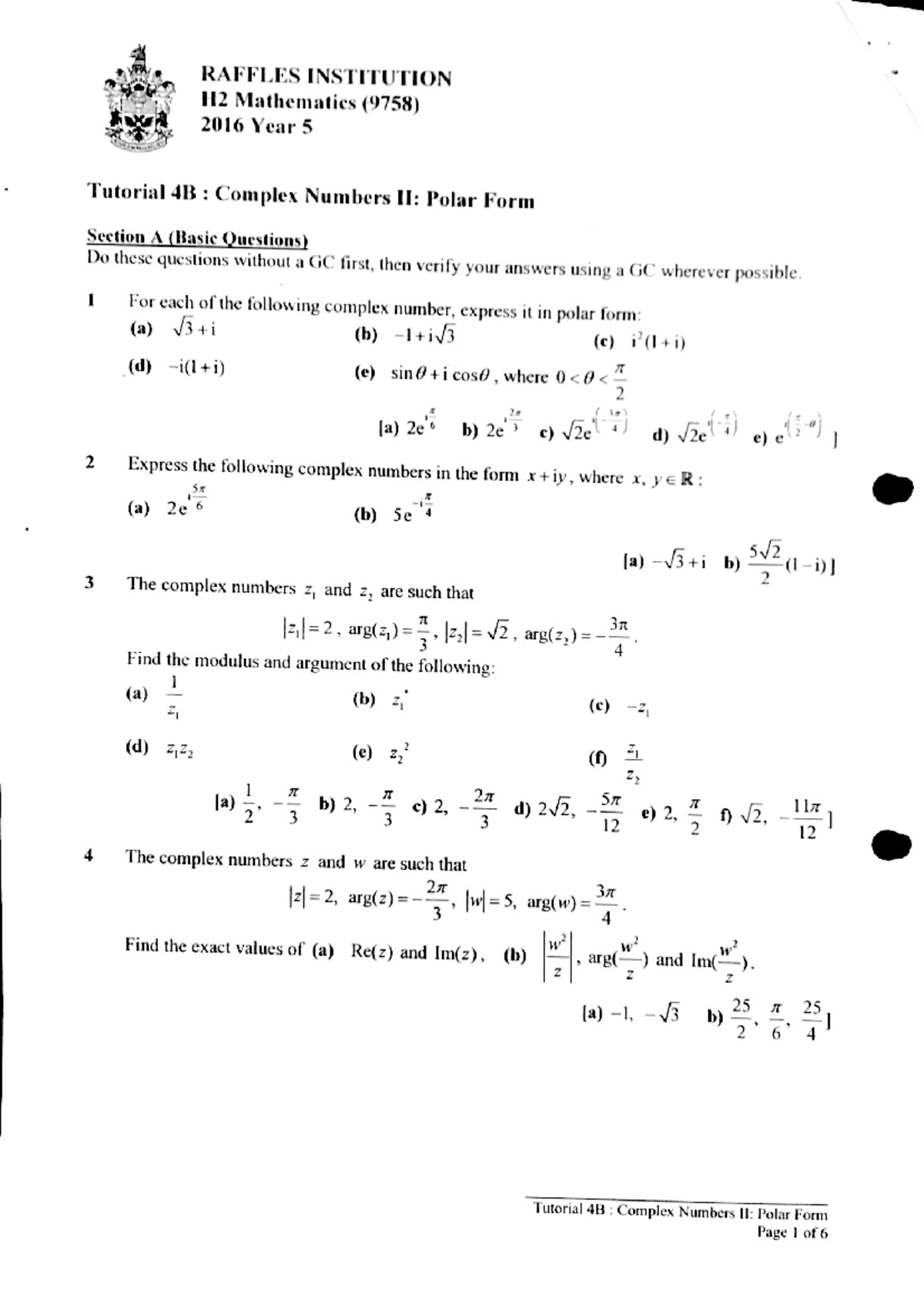 4B Complex Numbers II Tutorial - Studocu
