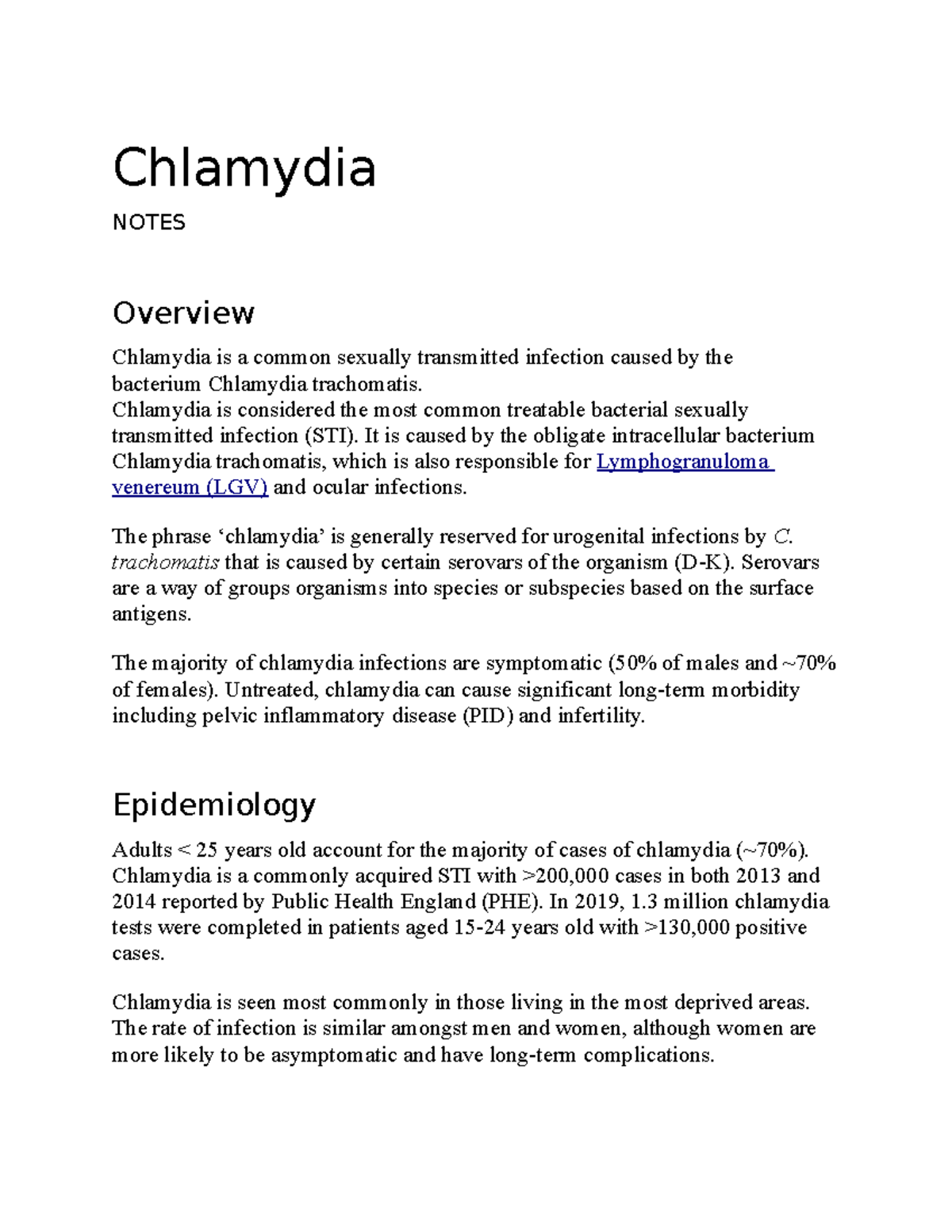 Chlamydia - Lecture notes 1 - Chlamydia NOTES Overview Chlamydia is a ...
