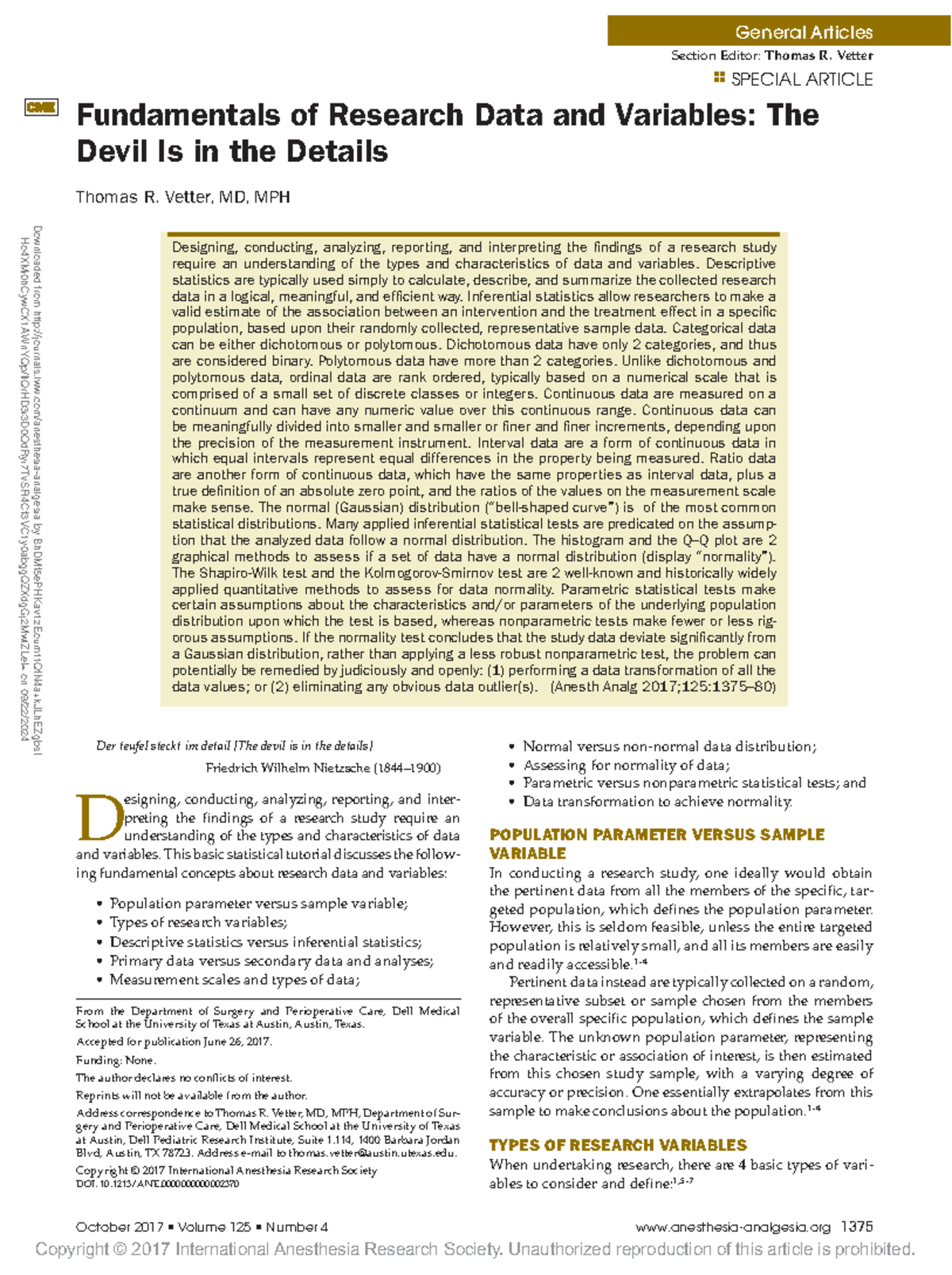 Fundamentals of research data and variables the - October 2017 • Volume 125 • Number 4 - Studocu