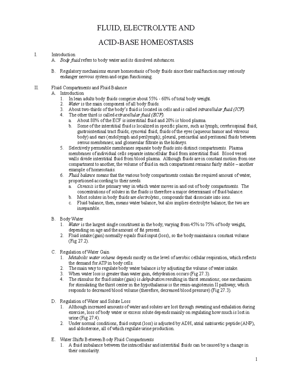 CH 27 Fluid Electrolyte and Acid Base Homeostasis - FLUID, ELECTROLYTE ...