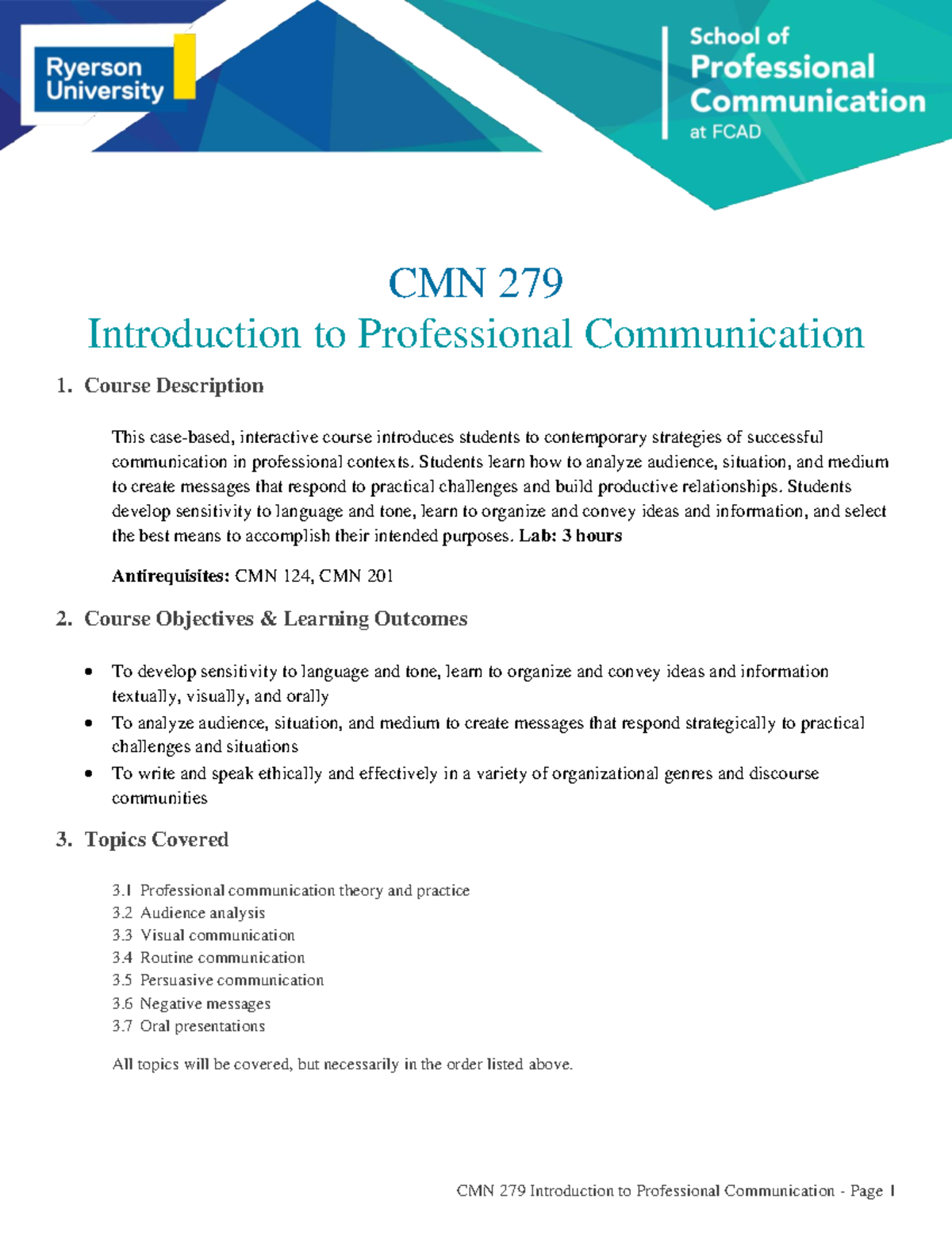 CMN279 - Outline - CMN 279 Introduction to Professional Communication ...