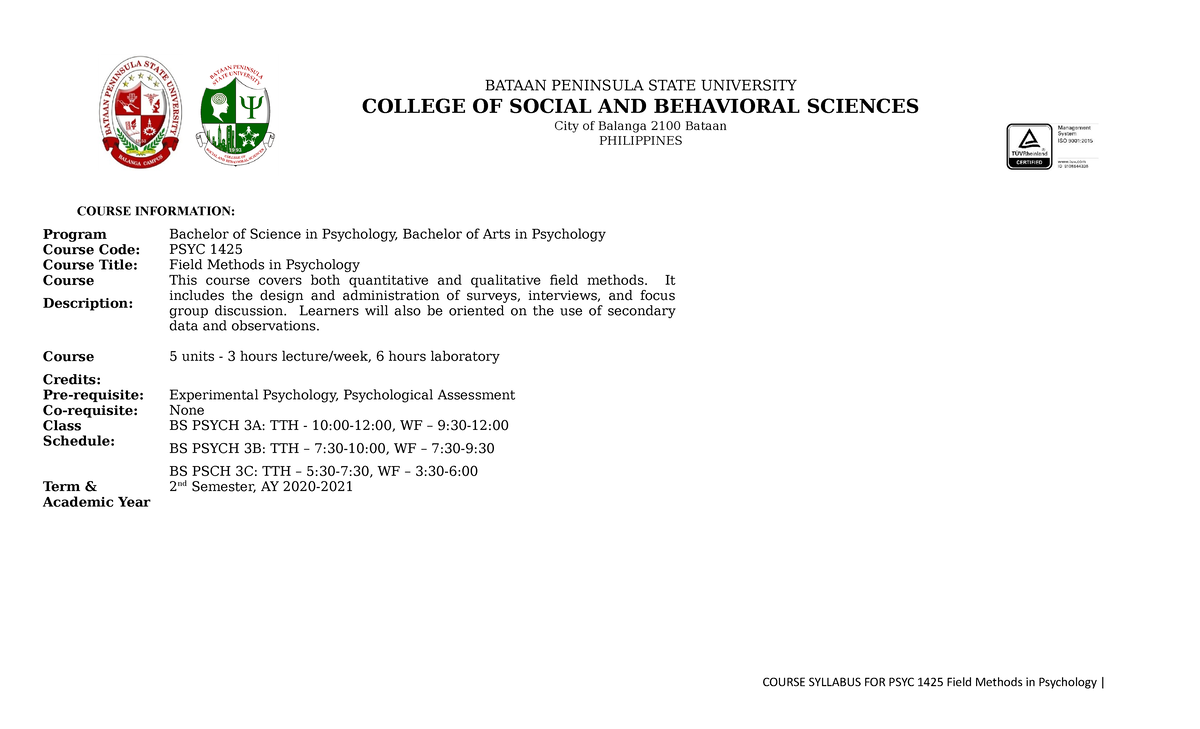 OBE-Syllabus- Field- Methods-IN- Psychology RCRL2020-2021 - COURSE ...
