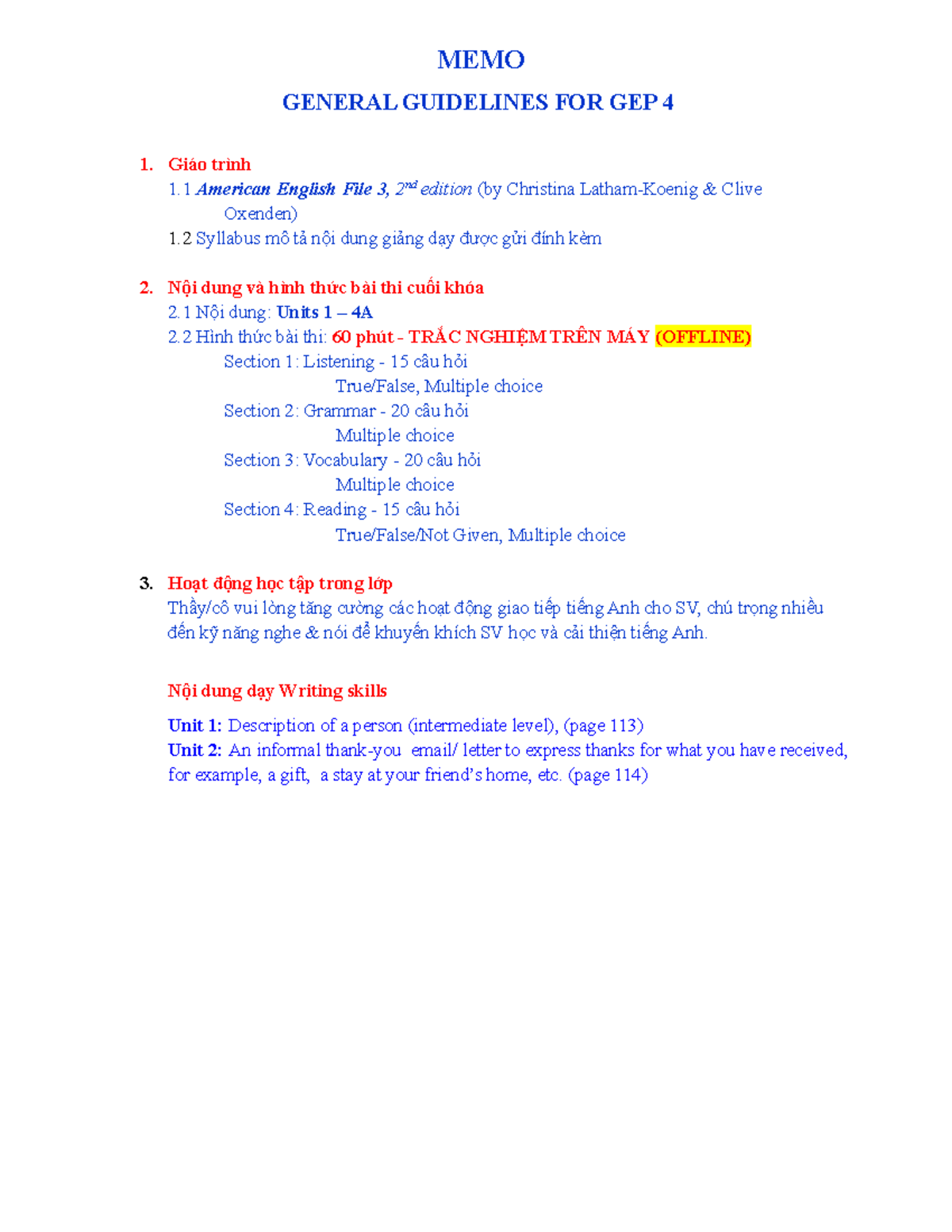 Memo - (VNamese Lecturer) (For all intakes) (Offline exams) - MEMO ...