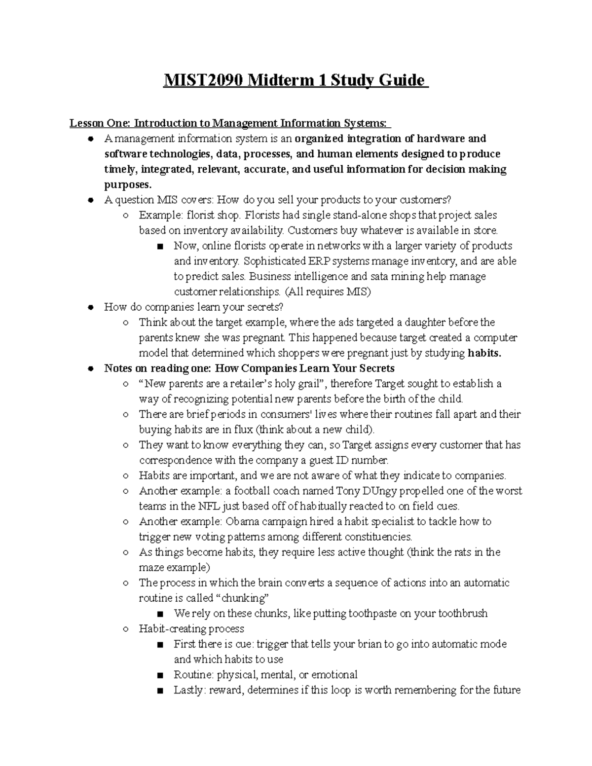 MIST2090 Midterm 2 Study Guide - MIST2090 Midterm 1 Study Guide Lesson One: Introduction to ...