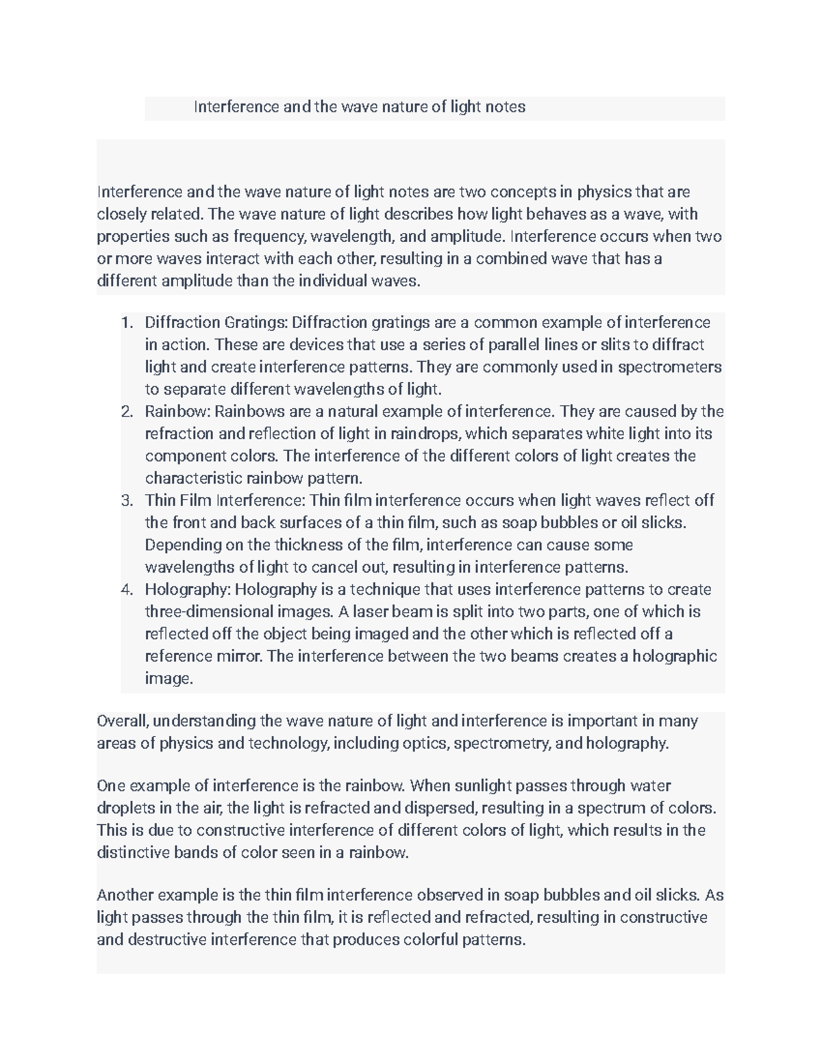 Interference and the wave nature of light notes - The wave nature of ...