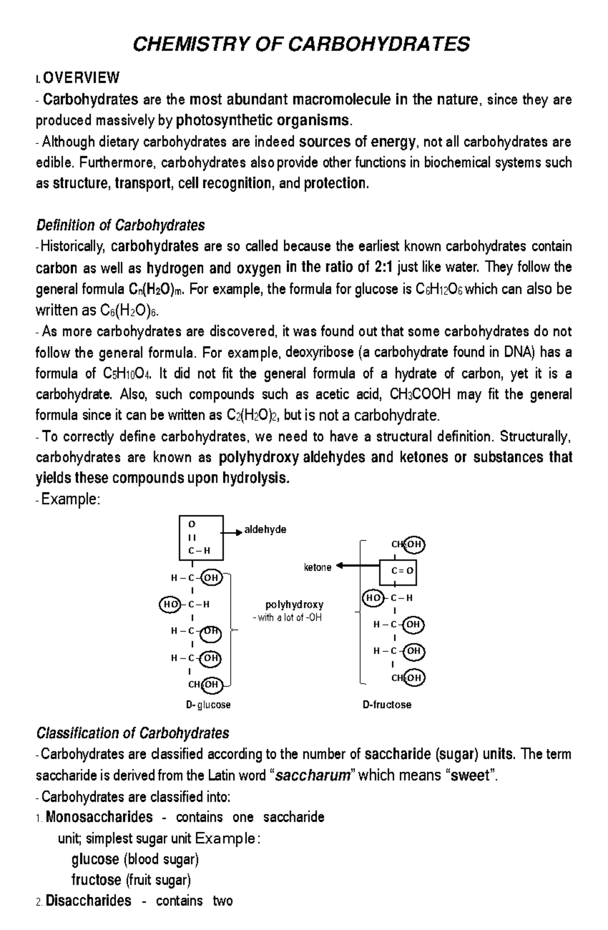 Chemistry of Carbohydrates - long quiz - O I I C – H CHEMISTRY OF ...