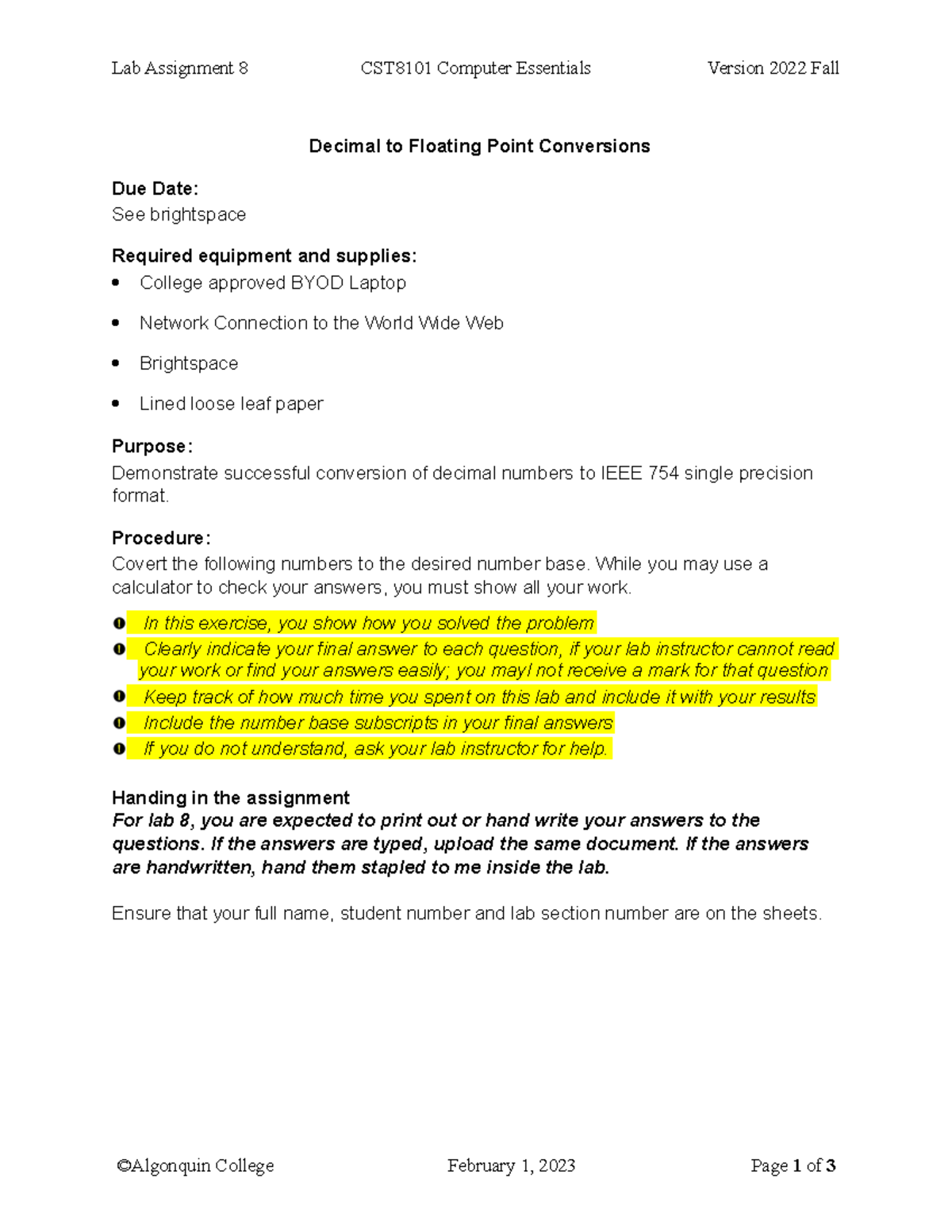 Lab 8 IEEE-754 Questions 2022-v2 - Lab Assignment 8 CST8101 Computer Essentials Version 2022 ...