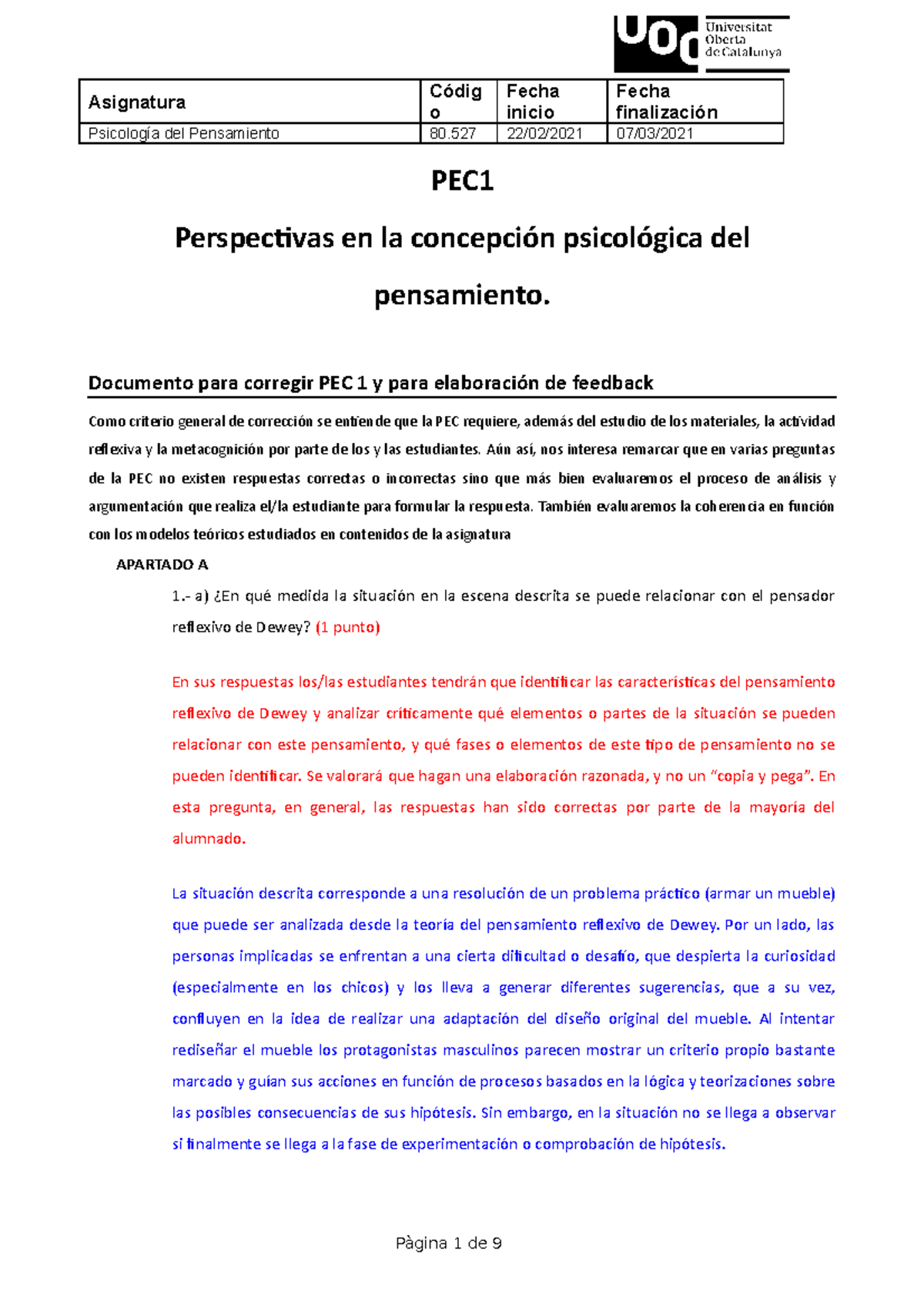 Feedback PEC 1 pensamiento - Psicología del Pensamiento 80 22/02/2021 07/03/ PEC Perspectivas en ...