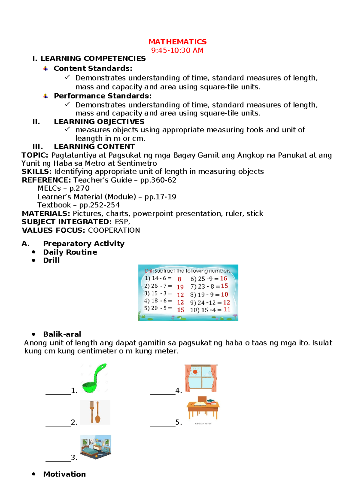 DLP Q4 W3 MATH2 DAY 3 - Lesson plan - MATHEMATICS 9:45-10:30 AM I. LEARNING COMPETENCIES Content ...