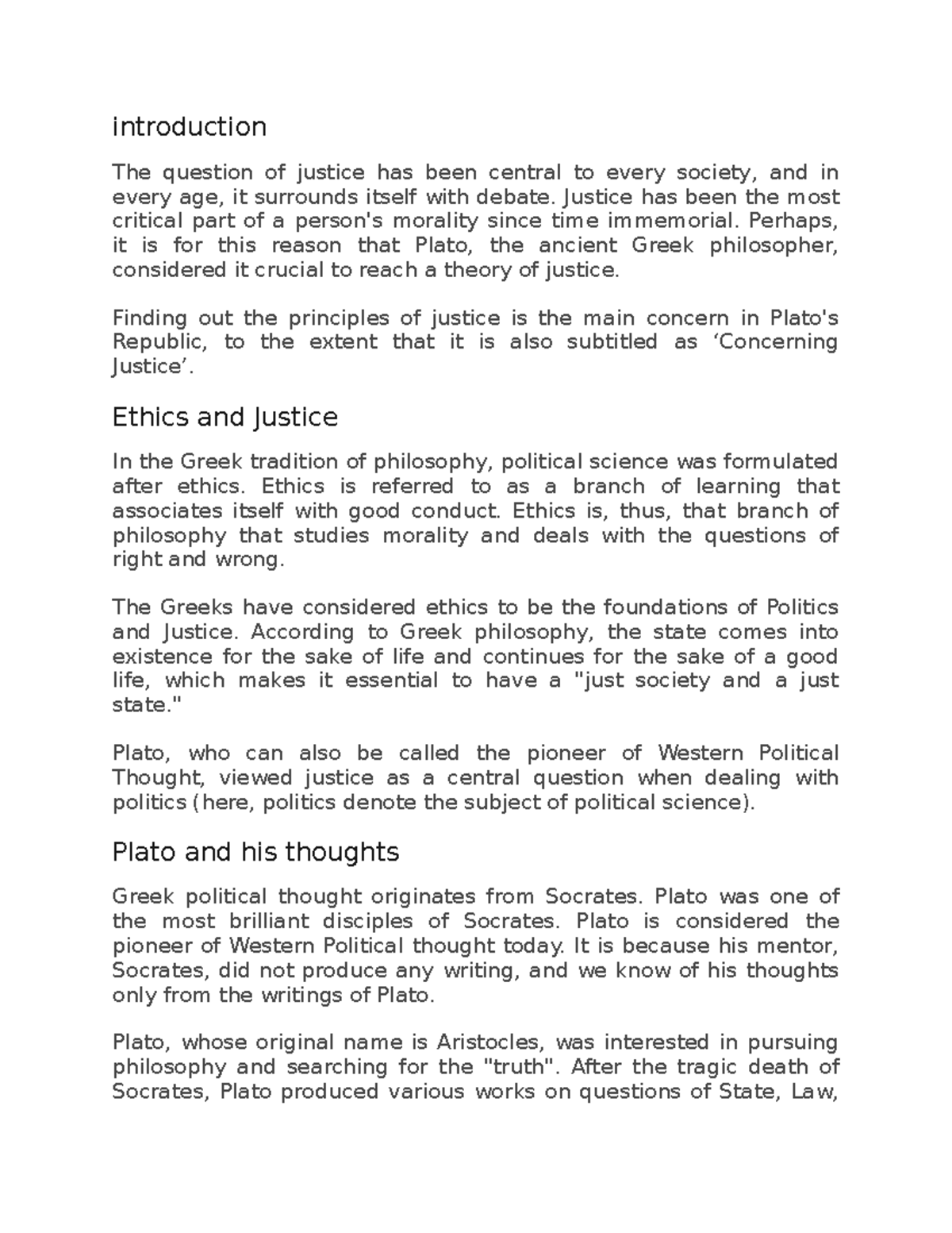 Plato thoery of justive - introduction The question of justice has been ...