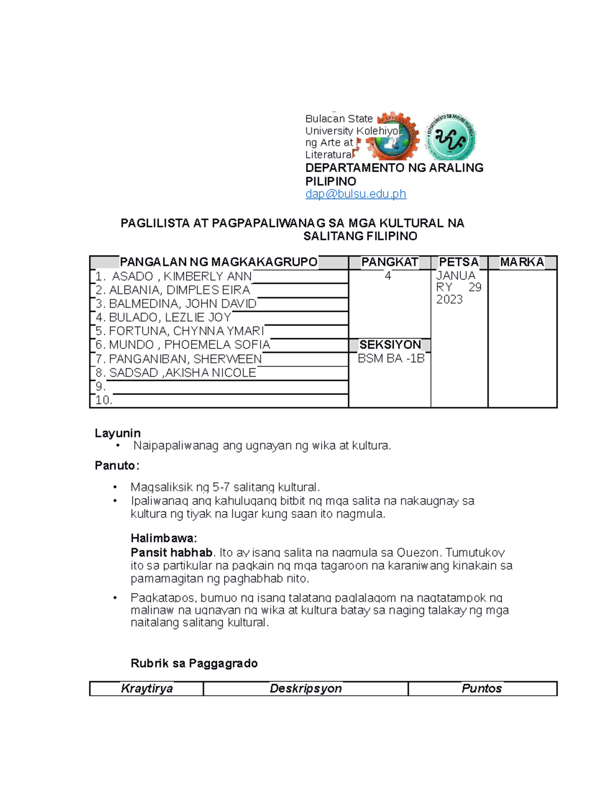 1b-grp-4 - Group work - Bulacan State University Kolehiyo ng Arte at ...